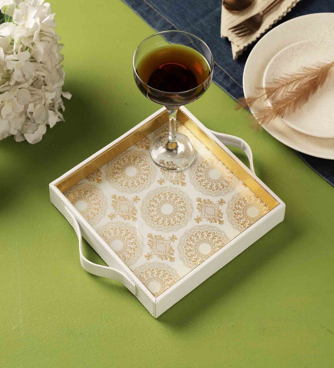 Buy Versatile White & Gold Leatherette Serving Tray by Purestory at 57% ...
