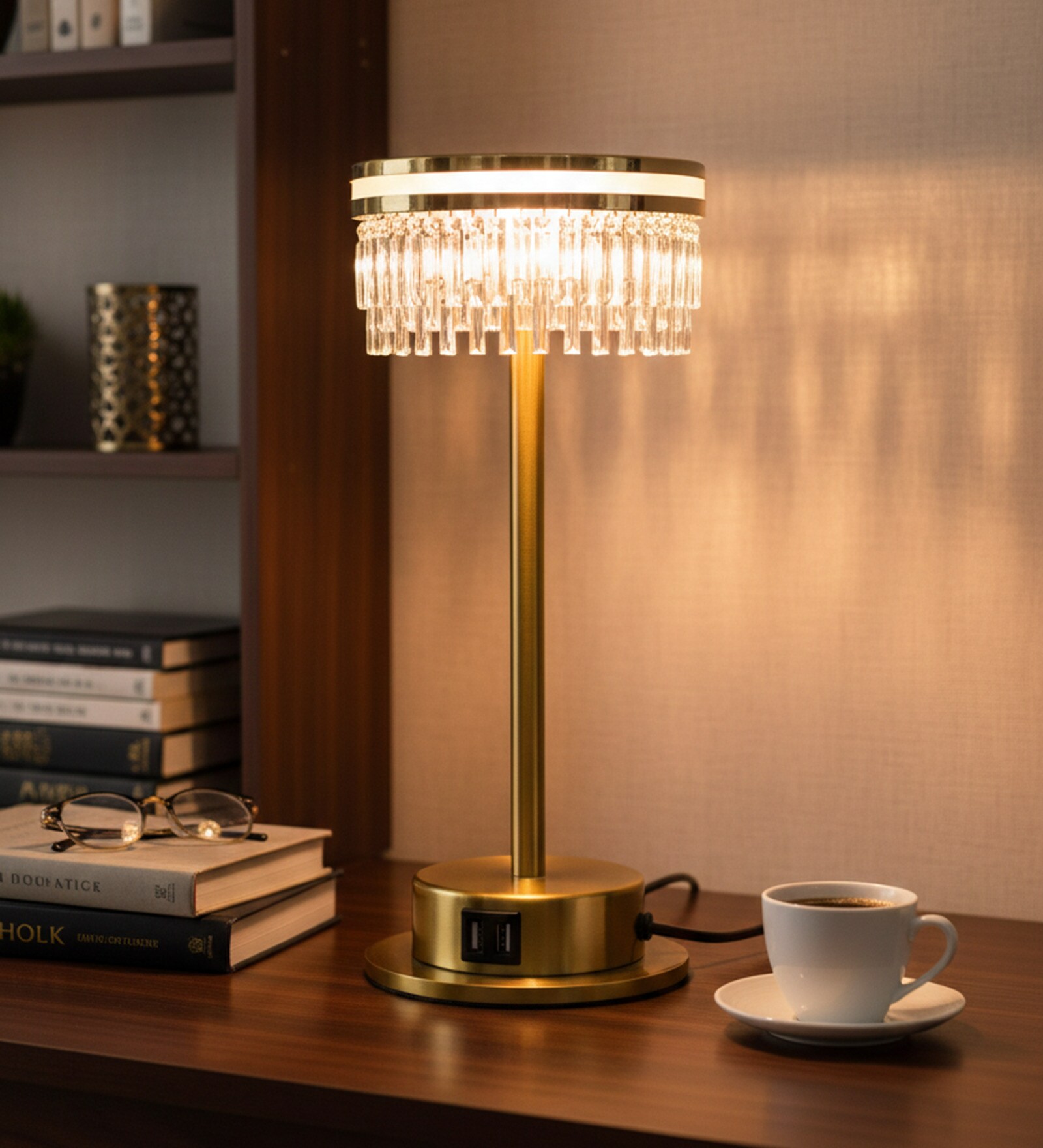 Buy Vivian Crystal Table Lamp Gold Metal Body Tri-Color LED Modern ...