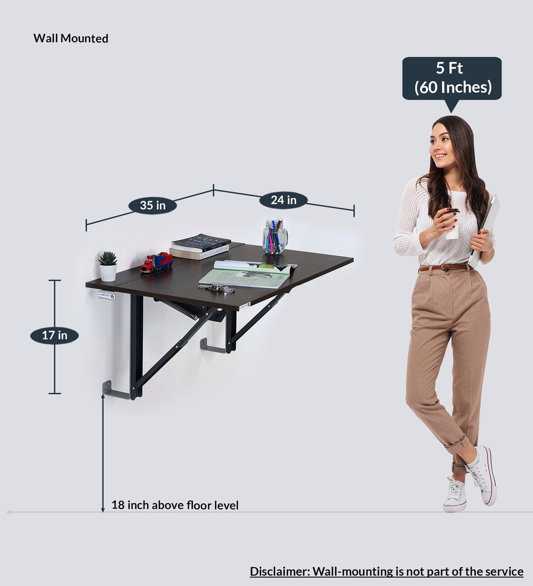 Buy Wall Mounted Height Adjustable Desk in Rich Walnut Colour by ...