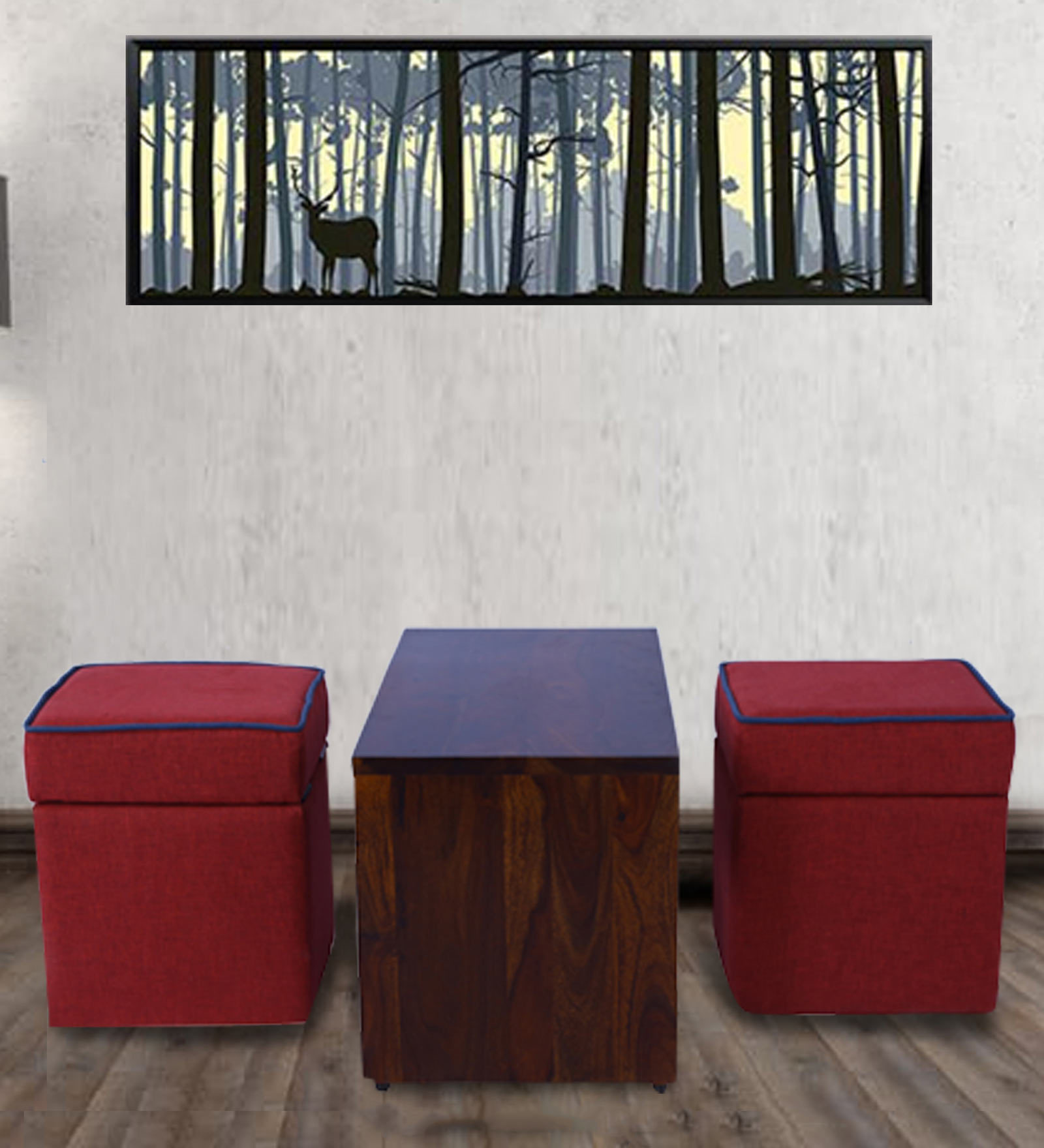 Buy Walton Side Table With 2 Pouffes With Storage In Cornell Red Colour ...