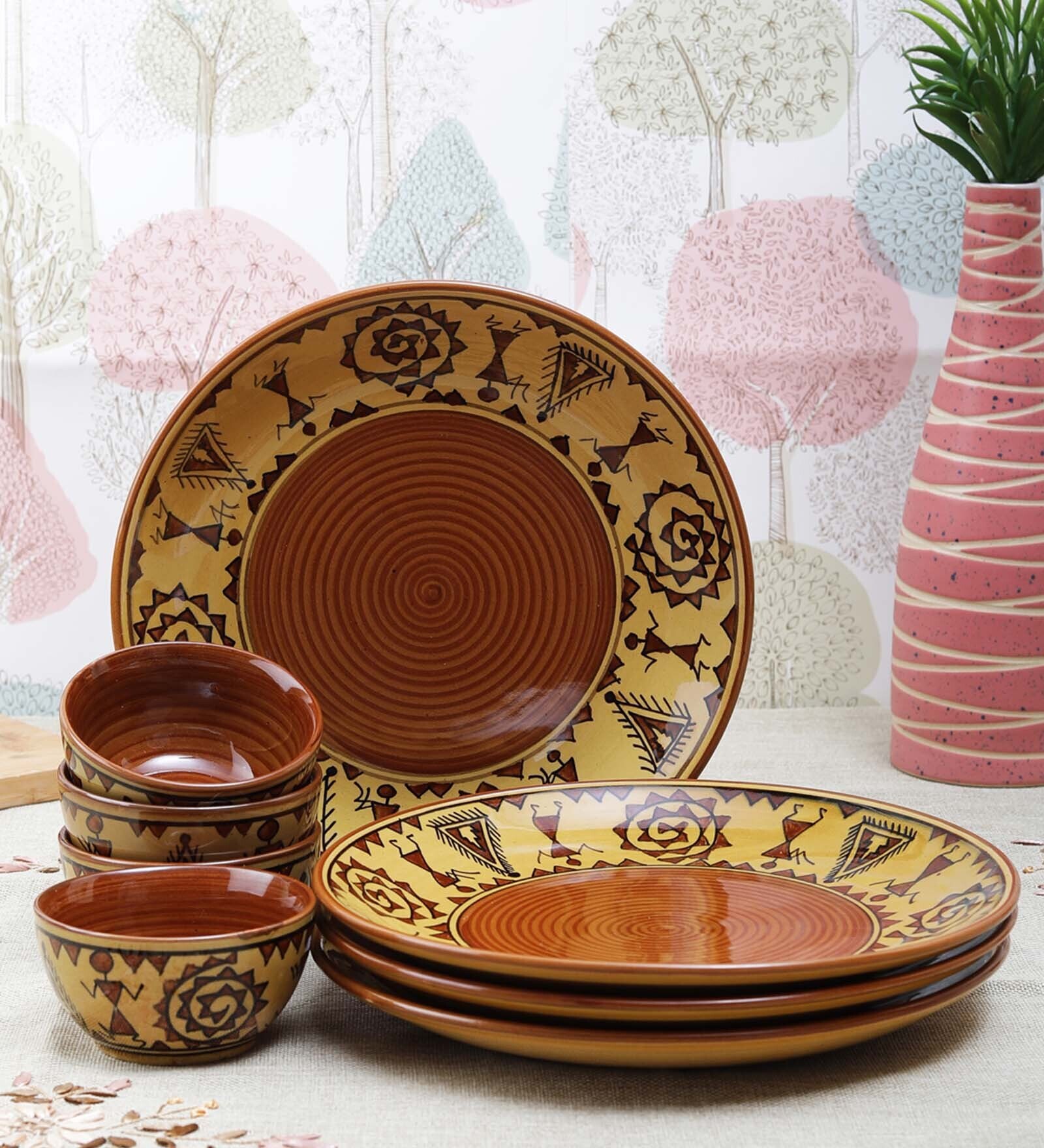 Buy Warli 12 Pcs Mustard & Brown Ceramic Dinnerware Set at 32% OFF by ...