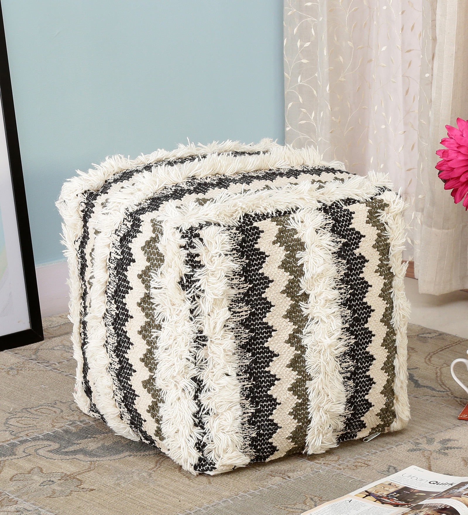 Buy Wess Wool Yarn Pouffe in Black & White Colour at 30% OFF by ...