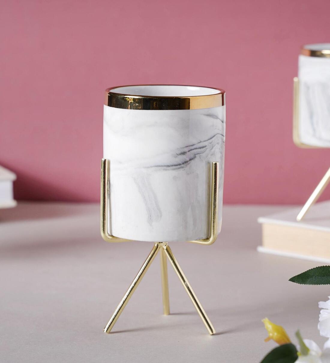 Buy White & Gold Flora Marble Planter With Metal St& at 28% OFF by ...