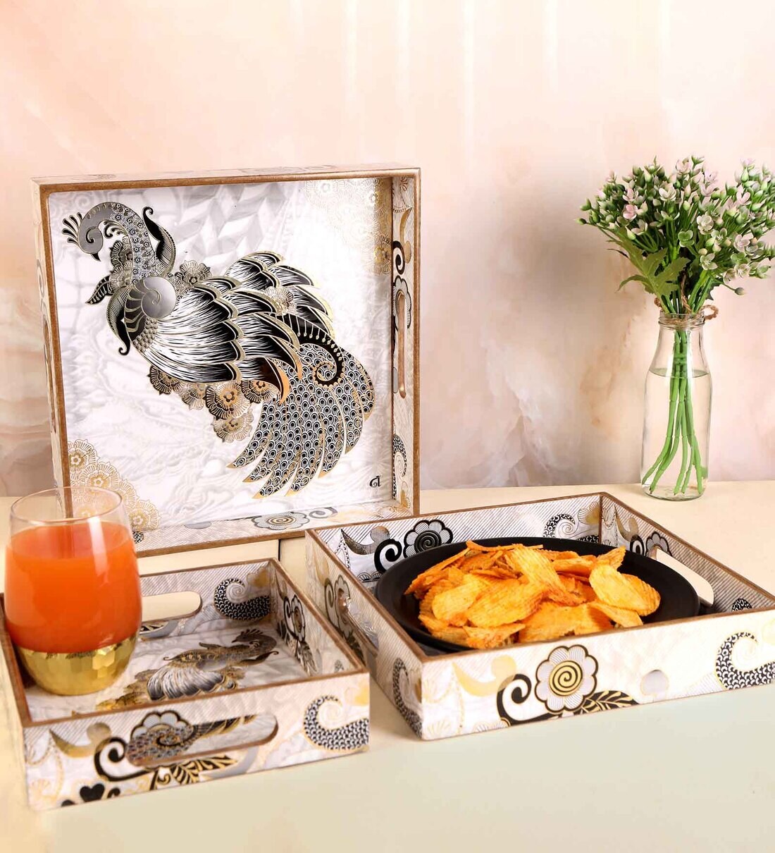 Buy White, Grey & Gold MDF Wood Grey Peacock (Set of 3) Serving Tray at ...