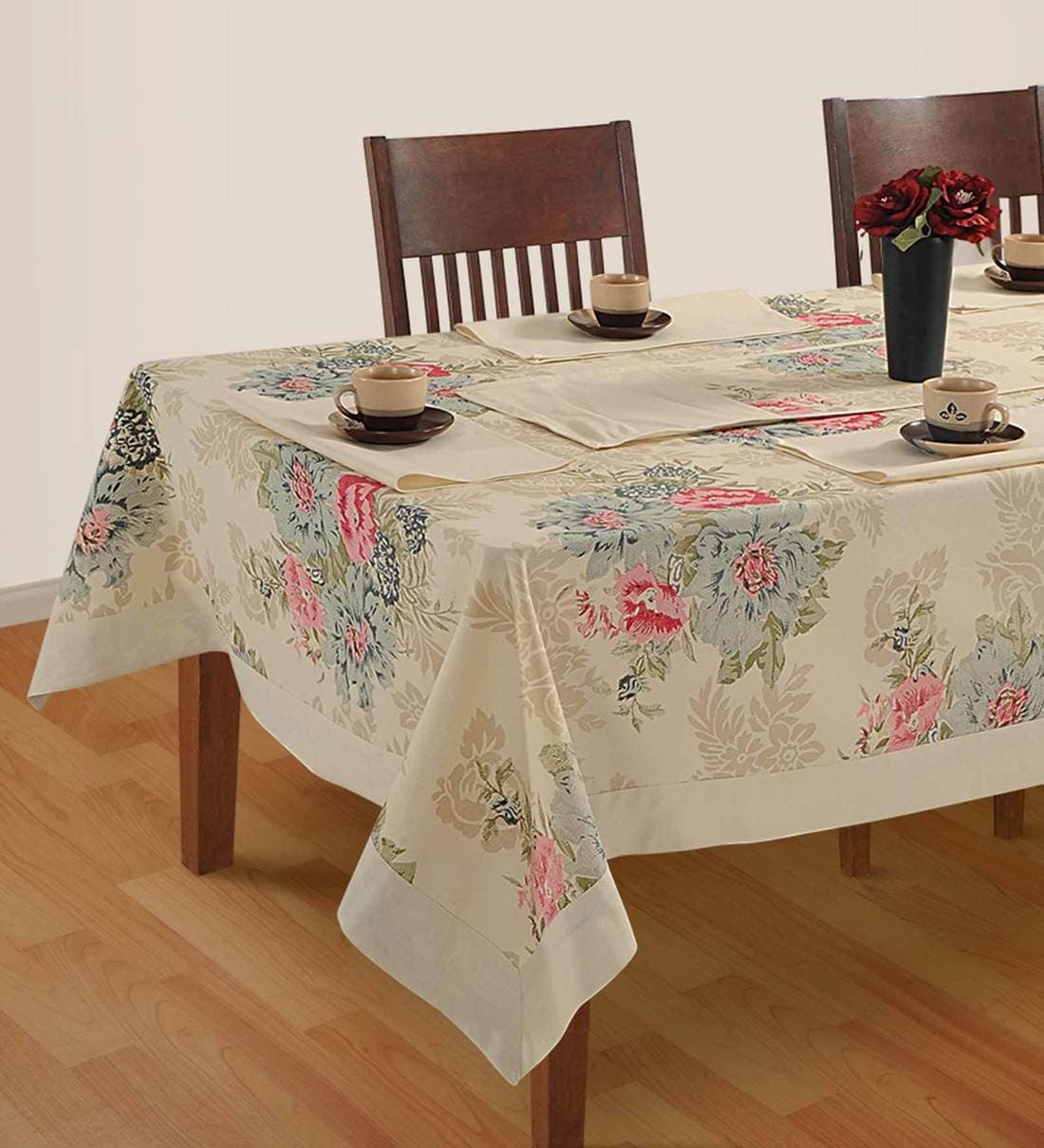 Buy Floral Pattern Cream Cotton 90X60 Inch Table Cloth With 6 Napkins ...