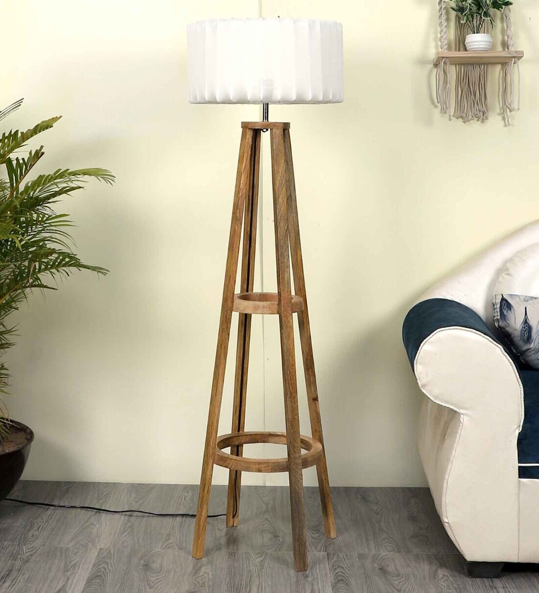 Buy Daisy White Fabric Shade Club Floor Lamp With Wood Base By Sapphire ...