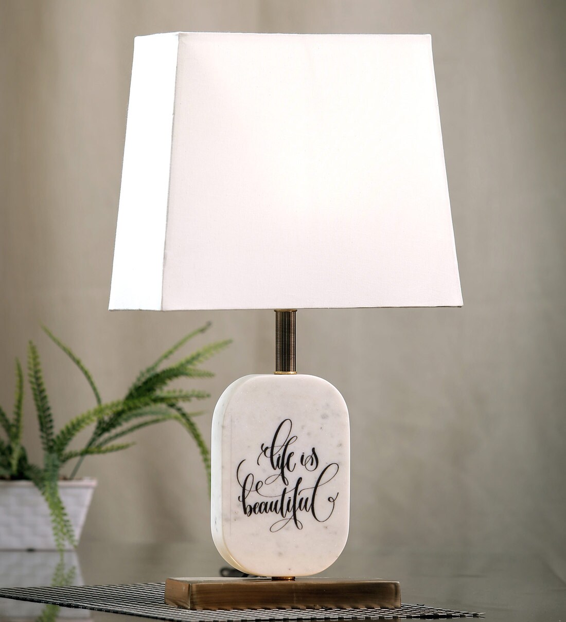 Buy White Fabric Shade Marble Table LED Lamp With Antique Brass Base By ...