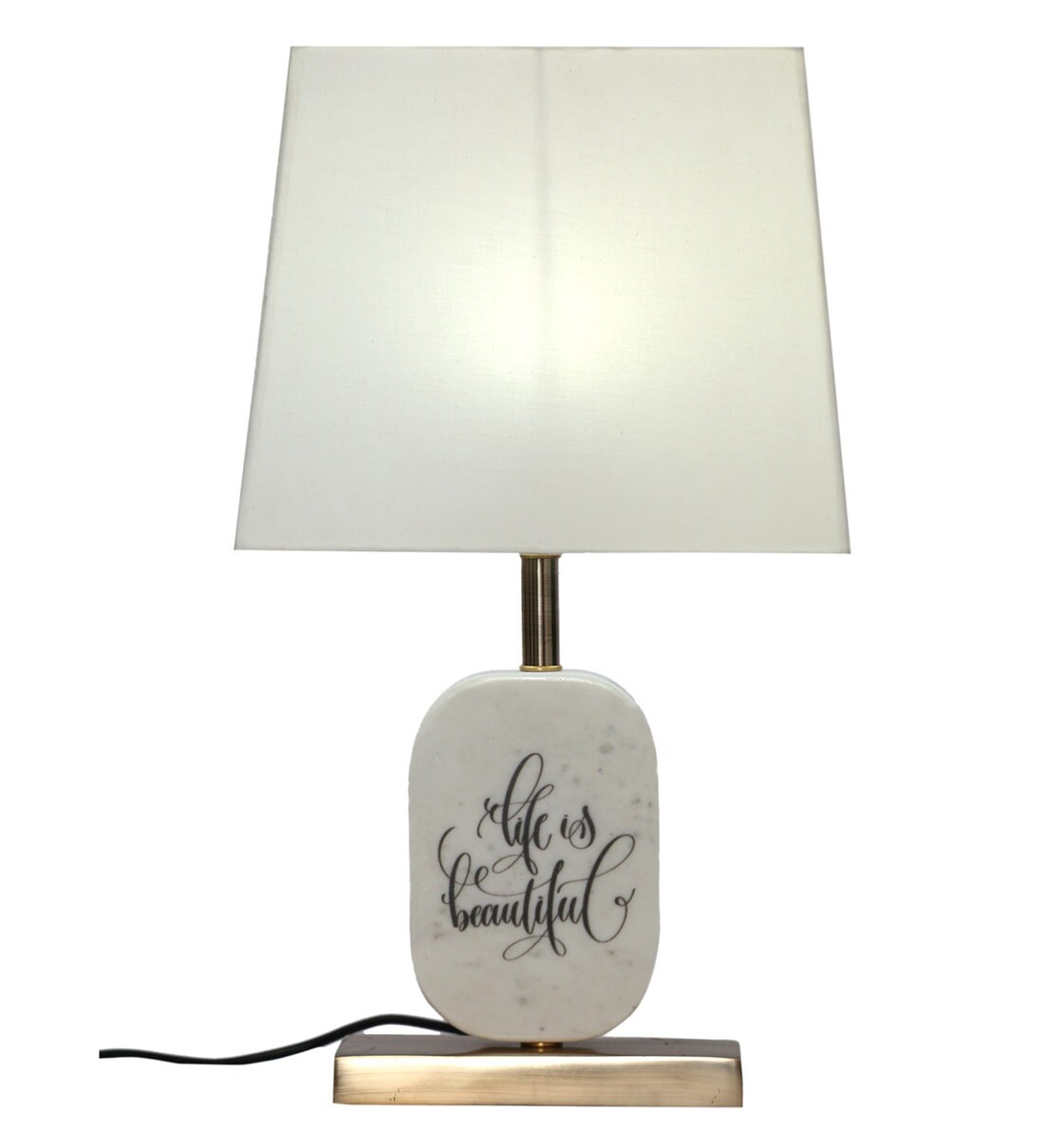 Buy White Fabric Shade Marble Table LED Lamp With Antique Brass Base By ...