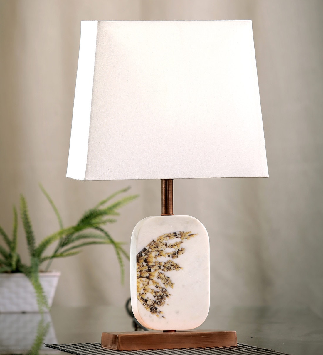 Buy White Fabric Shade Marble Table LED Lamp With Antique Copper Base ...