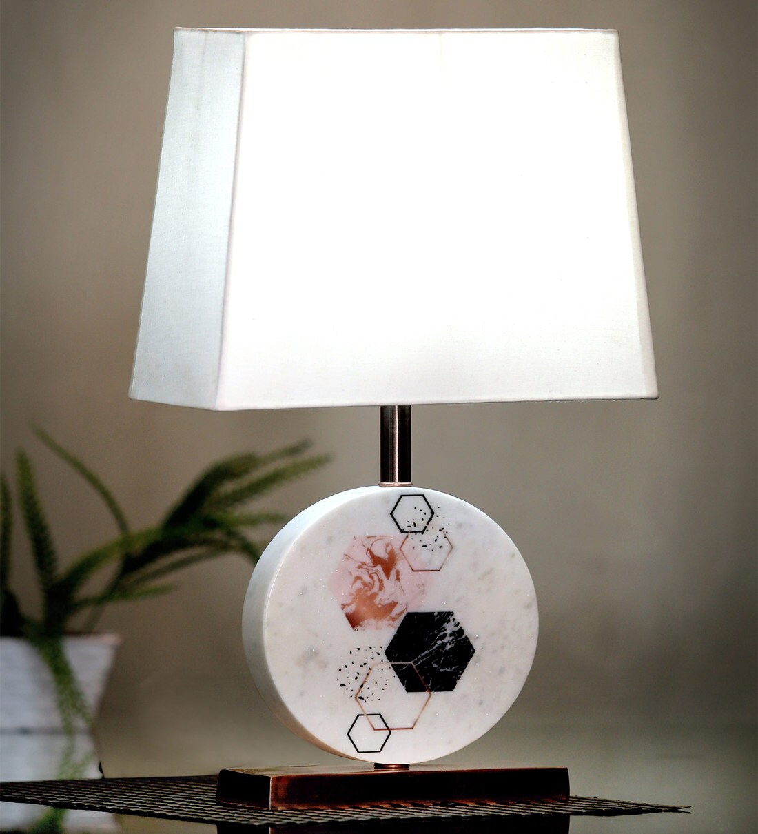 Buy White Fabric Shade Marble Table LED Lamp With Antique Copper Base ...
