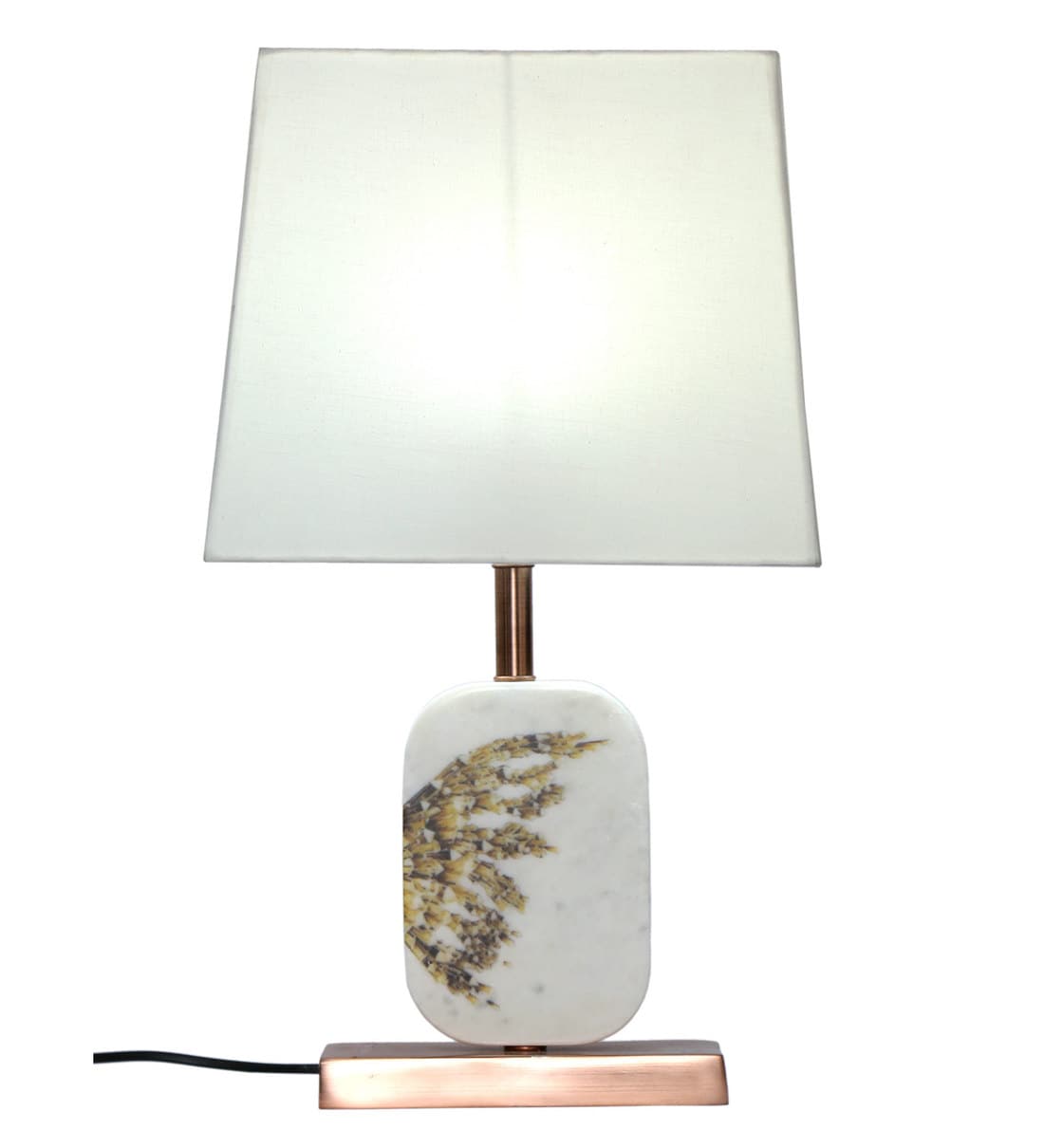 Buy White Fabric Shade Marble Table LED Lamp With Antique Copper Base ...