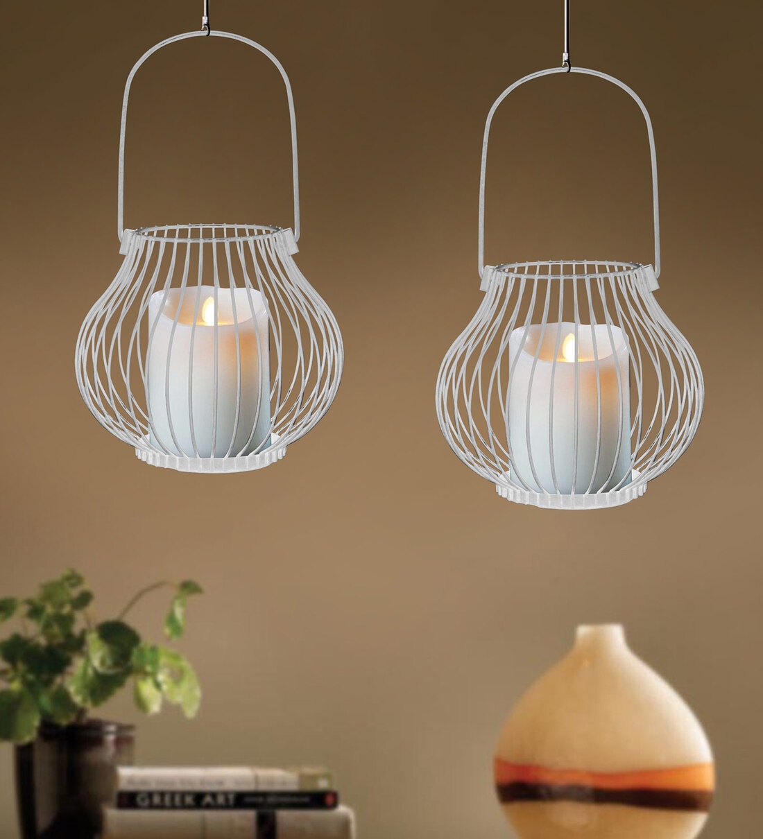 Buy White Set Of 2 Wall Hanging With Led Candles Metal Candle Holder at ...