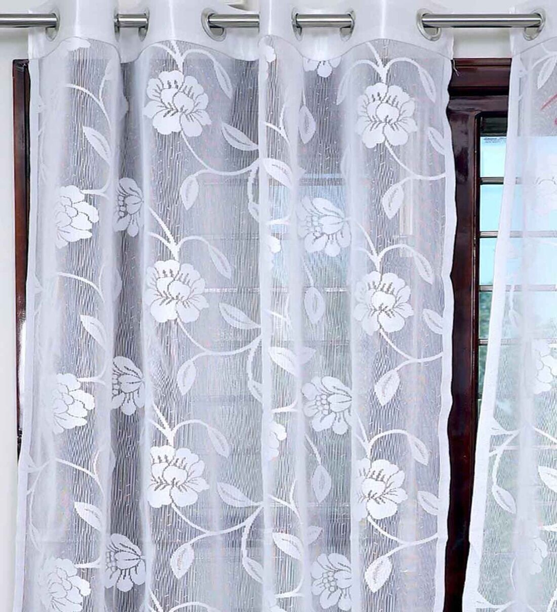 Buy White Floral Polyester 5 Ft Sheer Eyelet Window Curtains (Set of 2 ...