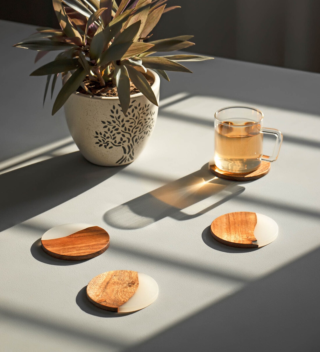 Buy Epoxy- Icicle White & Brown Resin & MDF (Set of 4) Table Coaster at ...