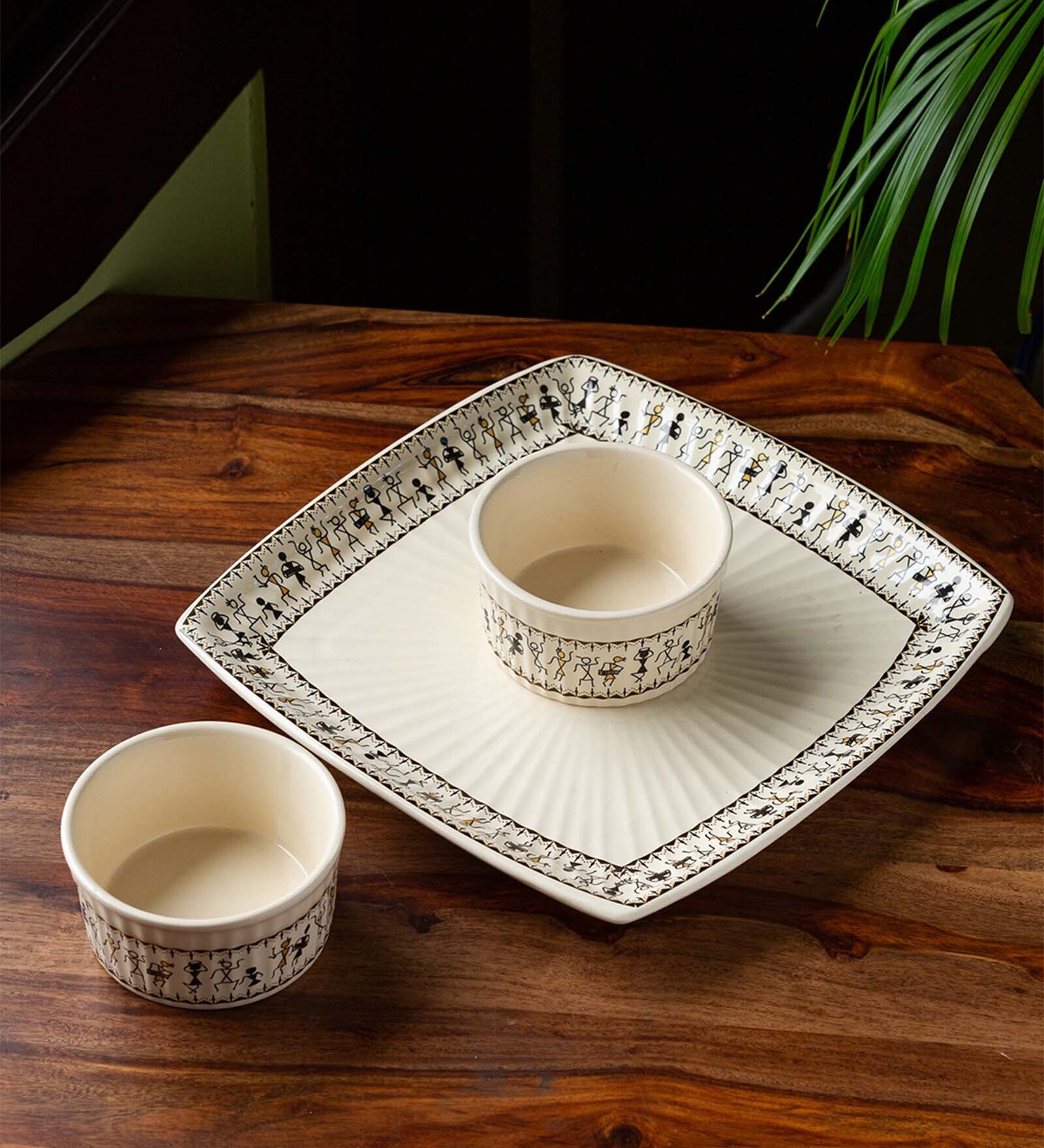 Buy Whisper of Warli 10 Inch (Set of 3) Ceramic Dinner Plate & Bowls Set by Exclusive Lane at 48 ...