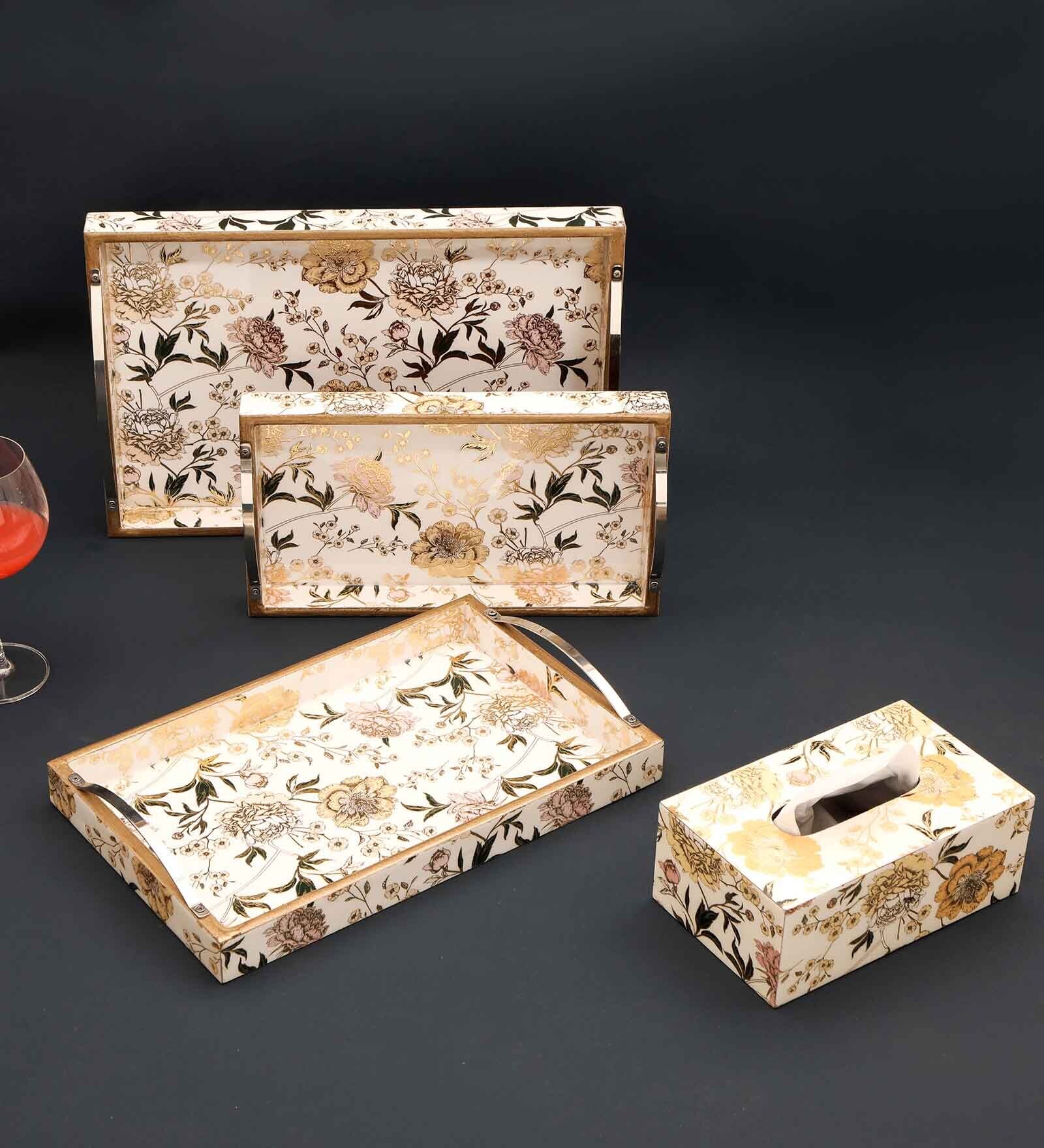 Buy White & Gold MDF Wood Flower (Set of 3) Serving Tray at 34% OFF by ...