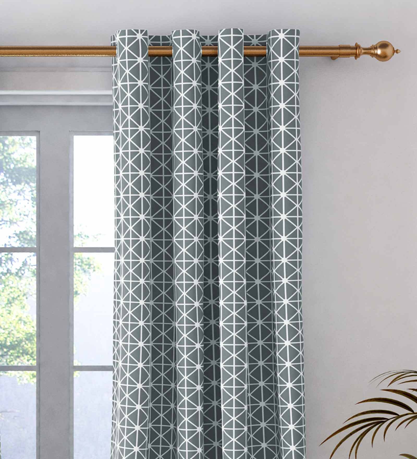 Buy Grey Geometric 100% Cotton 5 Ft Blackout Eyelet Window Curtain at ...