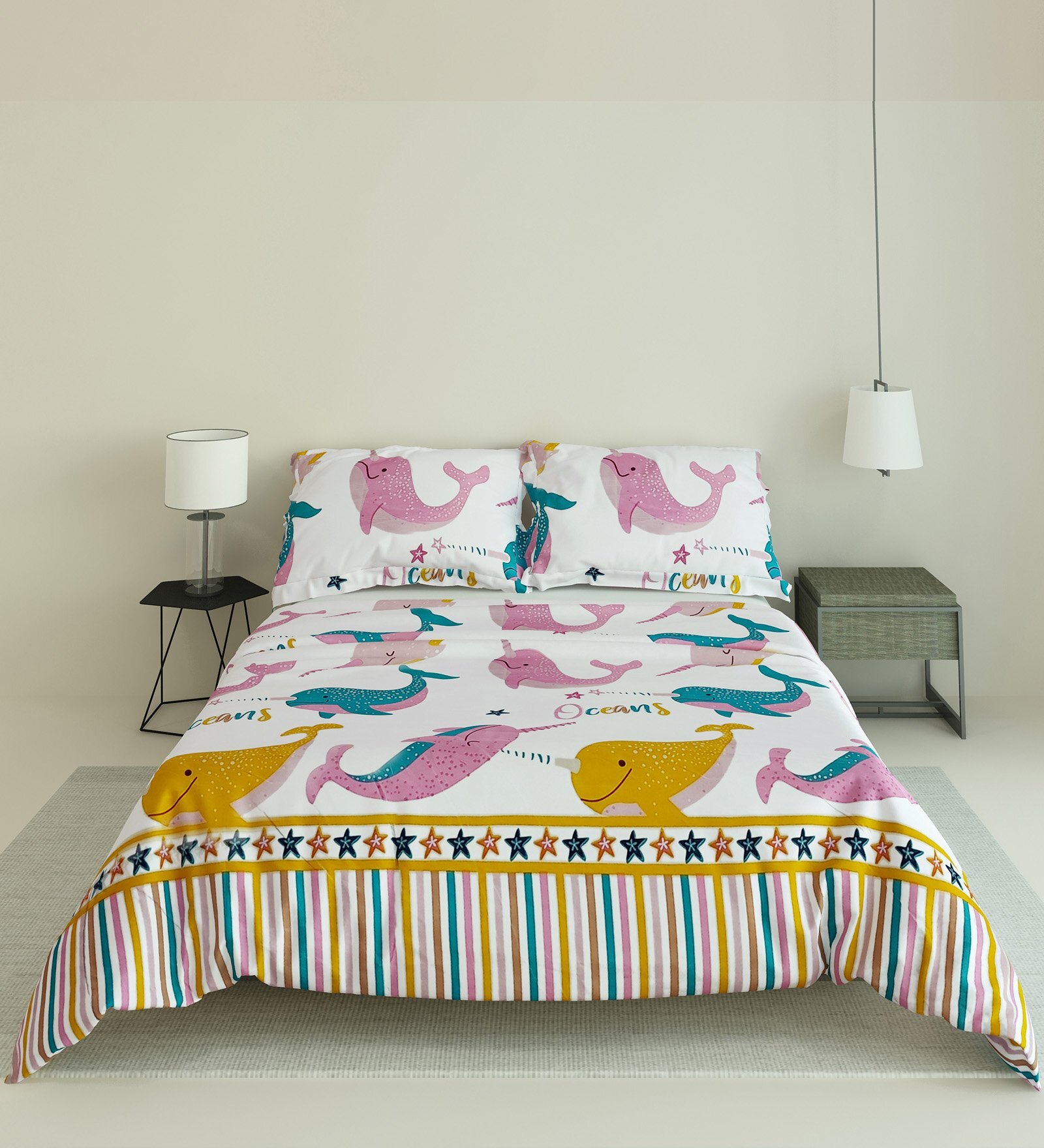 Buy White Abstract 140 Tc Cotton Kids Queen Bedsheet With 2 Pillow ...