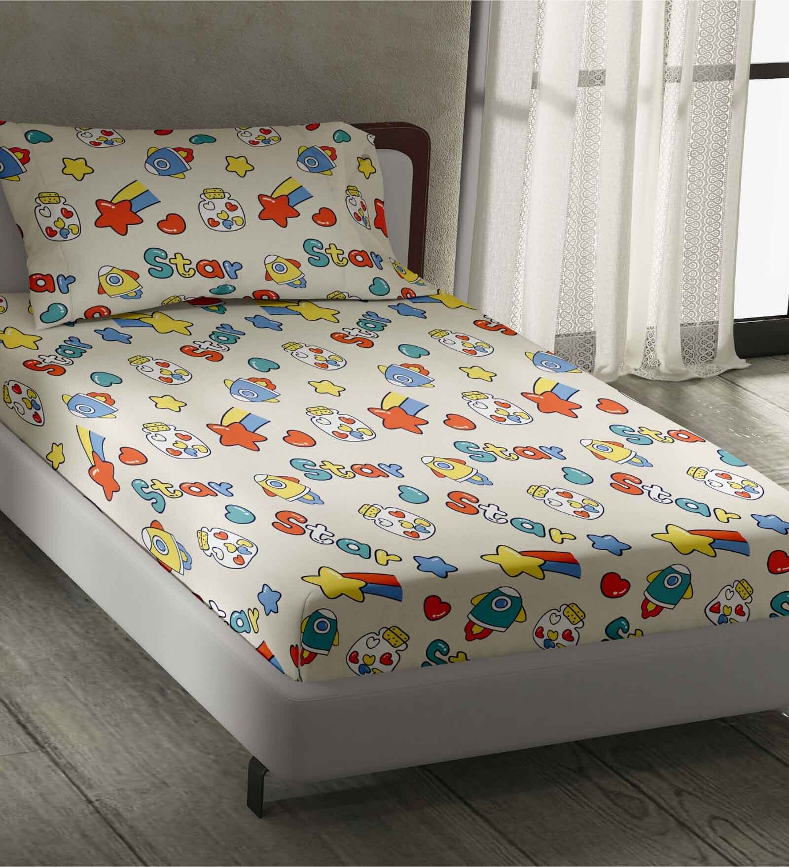 Buy Multicolor Cartoon Kids 140 TC Cotton Kids Single Bedsheet with 1 ...