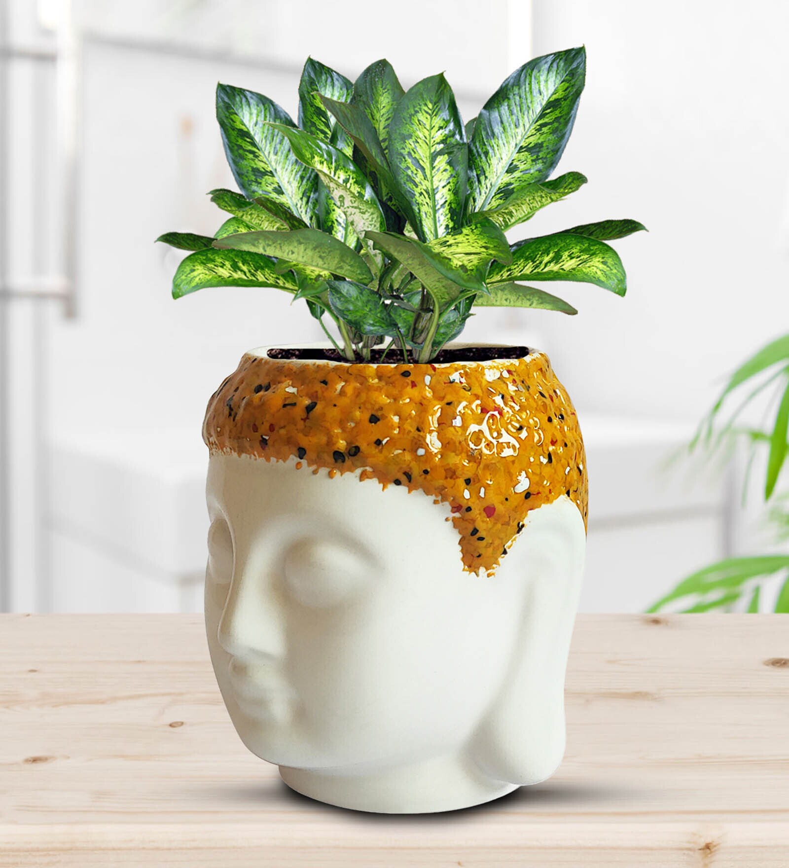 Buy White Ceramic Buddha Shape Desk Pot with Mustard Glass Work at 38% ...