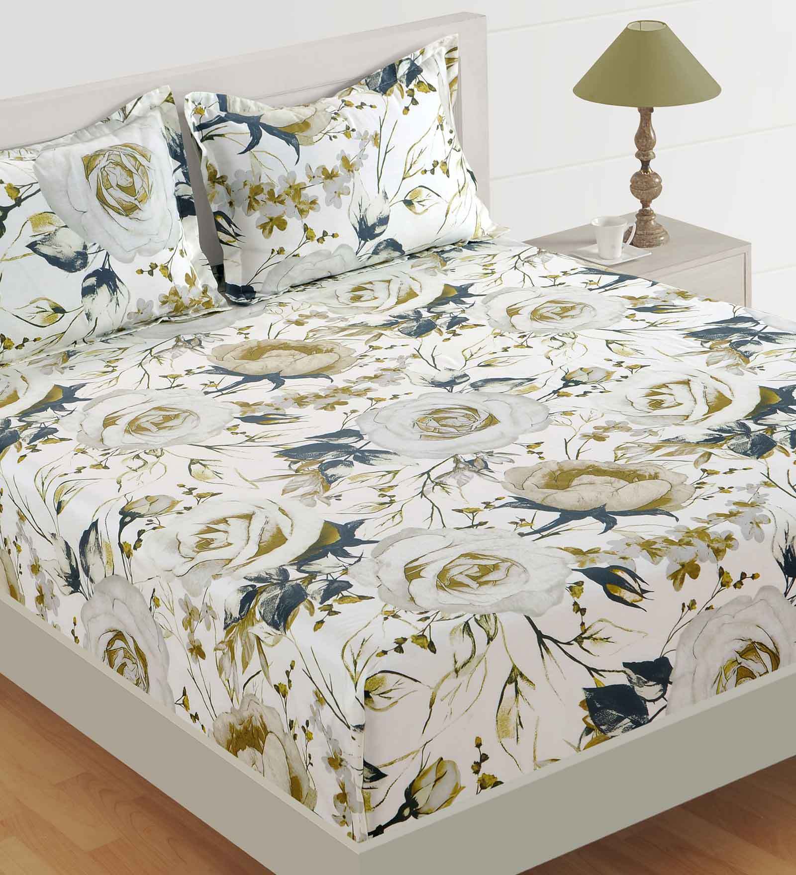 Buy White Floral 200 TC Cotton King Size (Large) Bedsheet With 2 Pillow ...