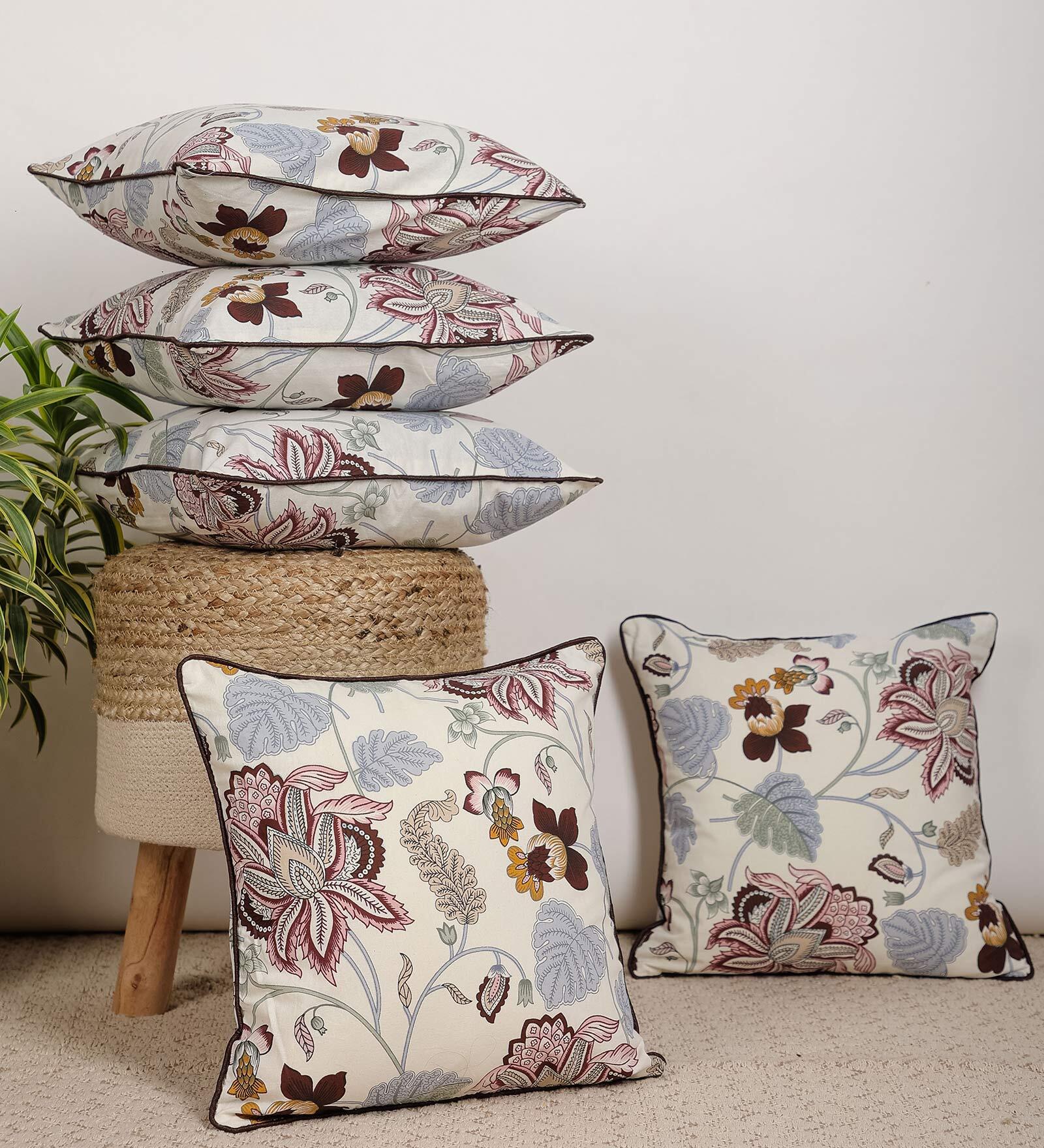 Buy Brown & Off White Floral Cotton 12 x 20 Inches Cushion Covers (Set ...