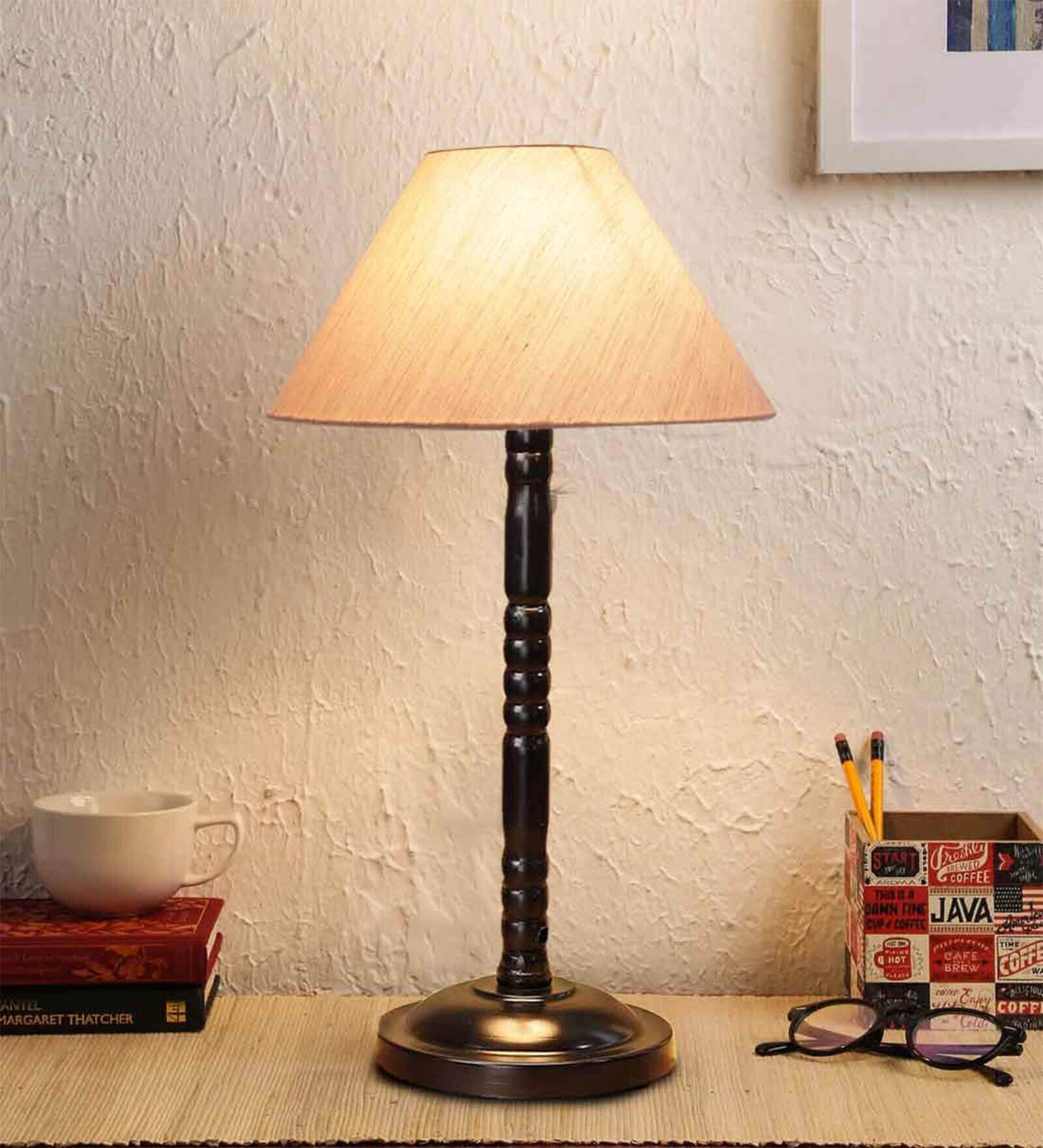 Buy White Cotton Table Lamp With Black Base By VRCT at 27% OFF by Vrct ...