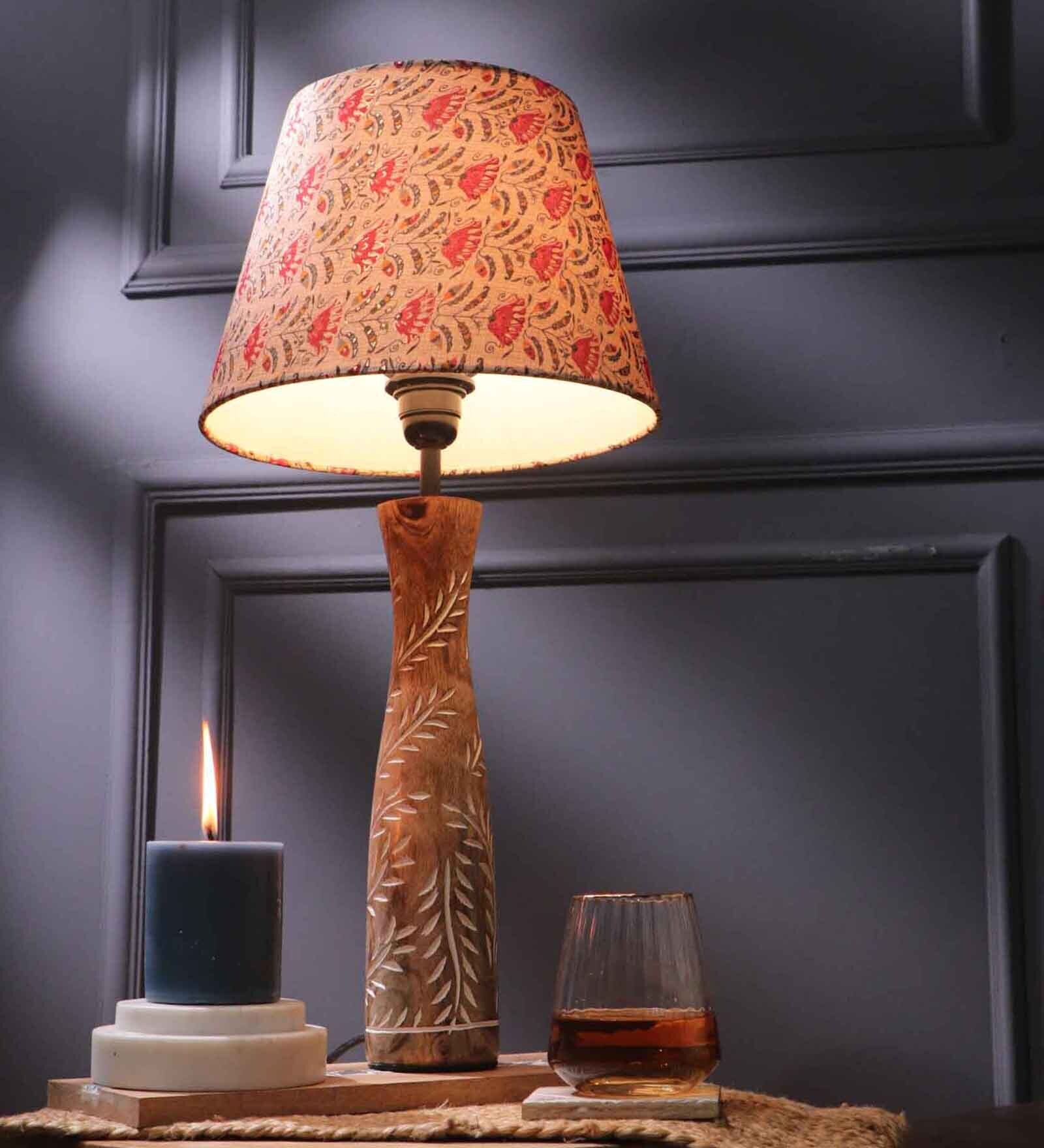 Buy Leaf Patterned E27 Holder Wooden Base Table Lamp (Brown Base) with ...