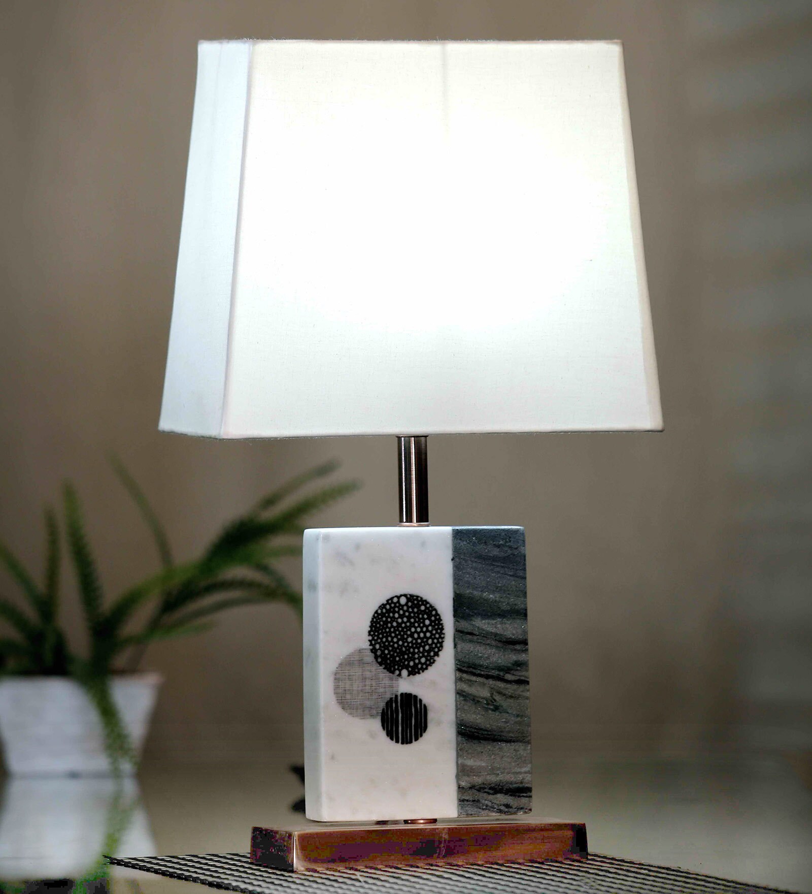 Buy White Fabric Shade Marble Table LED Lamp With Antique Copper Base ...