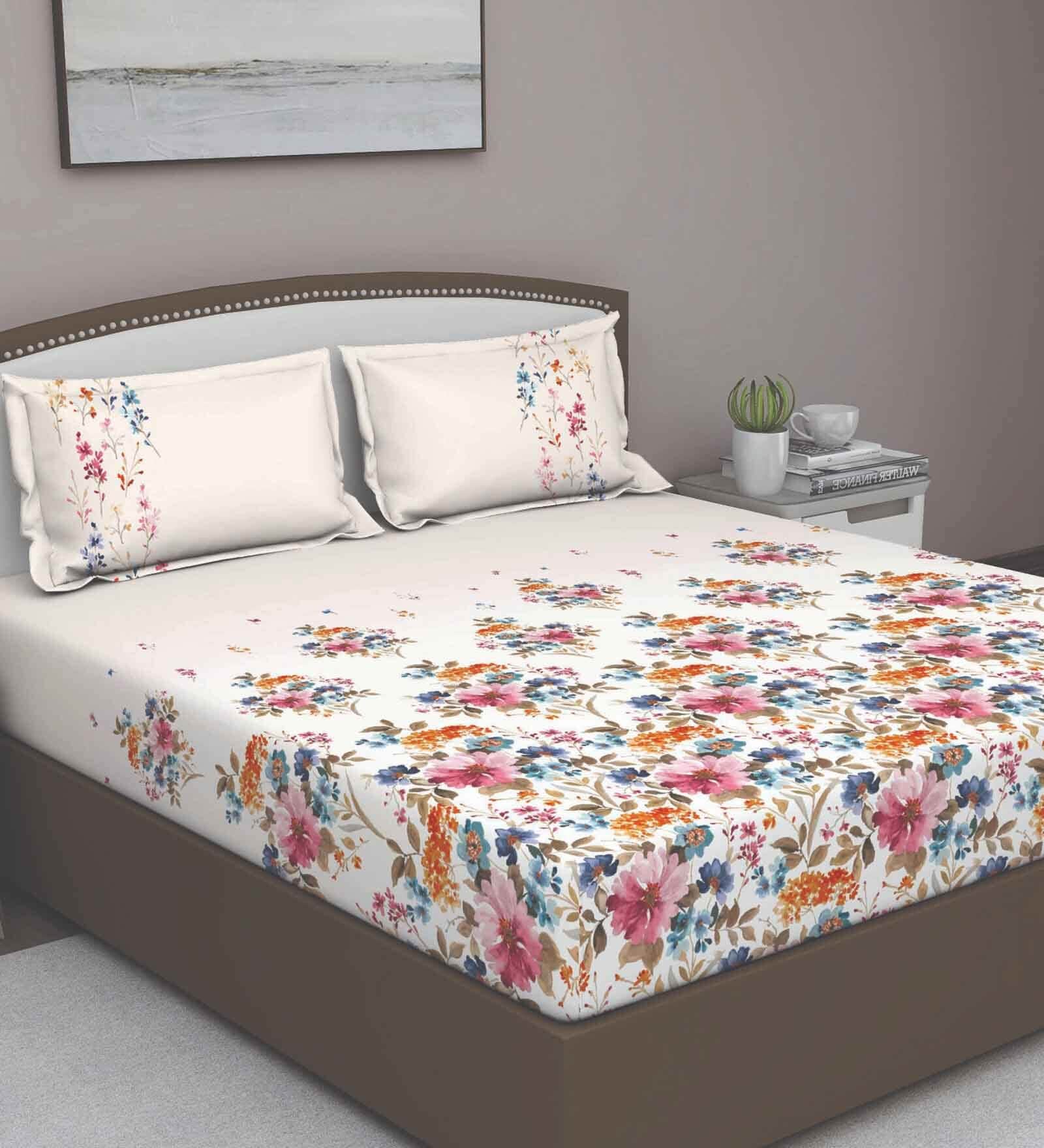 Buy White Floral 210 TC Cotton Queen Sized Bed Sheets with 2 Pillow ...