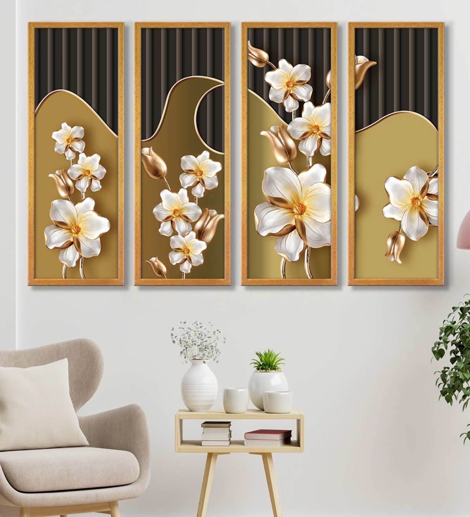 Buy White Floral Multicolour Canvas Framed Landscape Art Panel Set of 4 ...