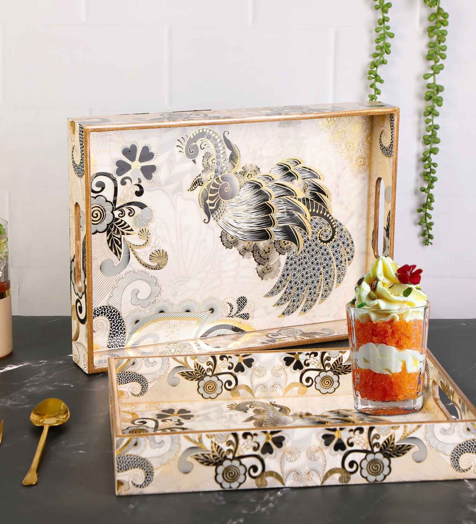 Buy White Grey & Gold MDF Wood Grey Peacock (Set of 2) Serving Tray at ...