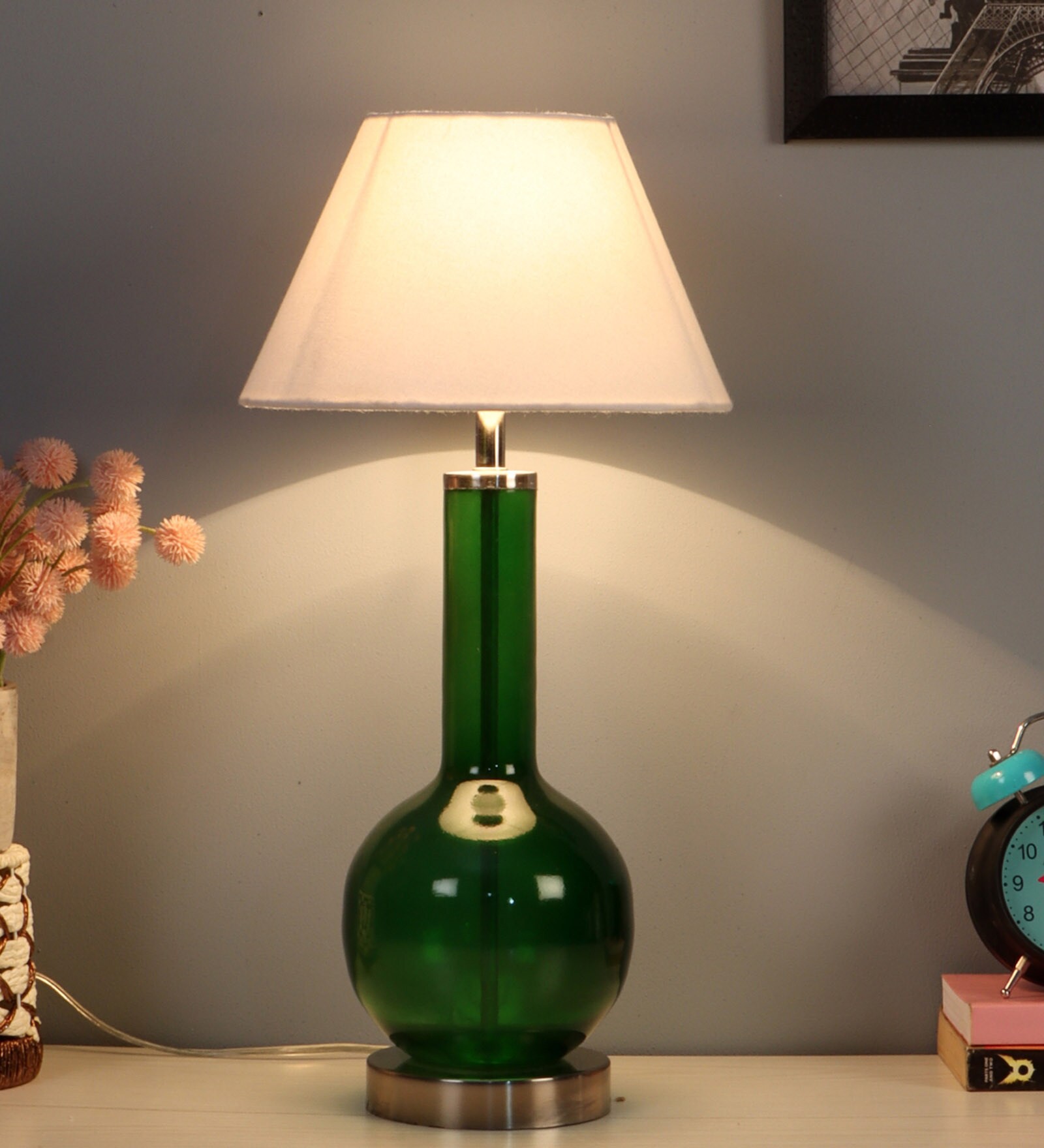 Buy White Iron & Cloth Shade Tablel Lamp with Green Base at 51% OFF by ...