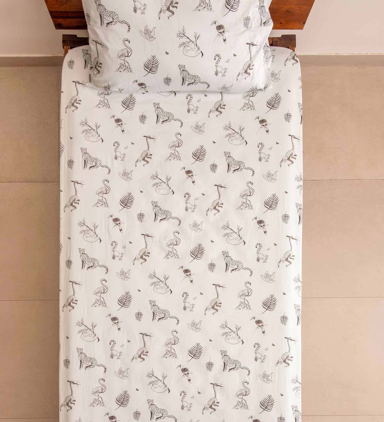 Buy White Jungle Stories 300 TC Cotton Single Bedsheet by Zookeeper at ...