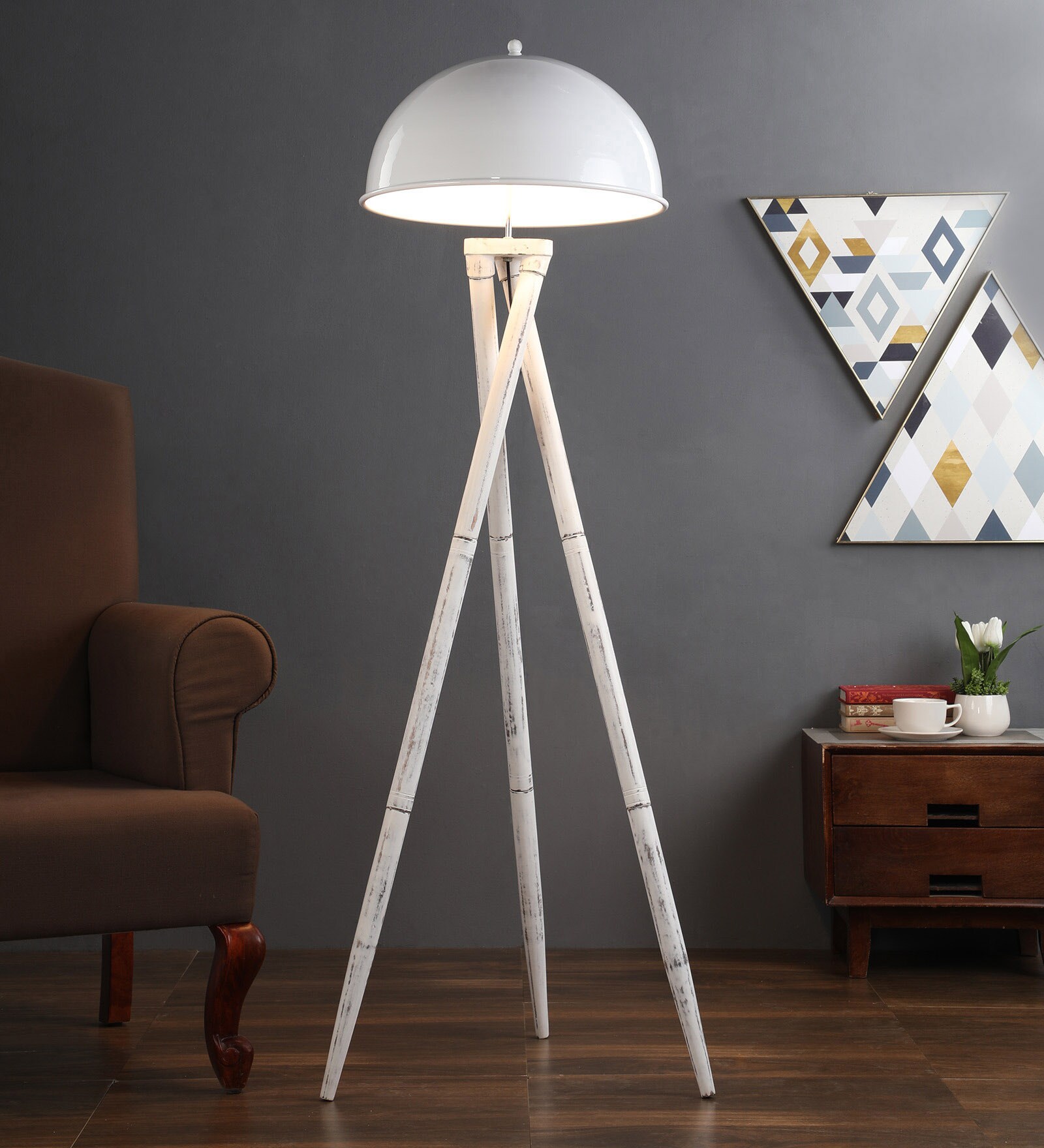 Buy White Metal Shade Floor Lamp with Wood Base by Craftter at 21% OFF ...