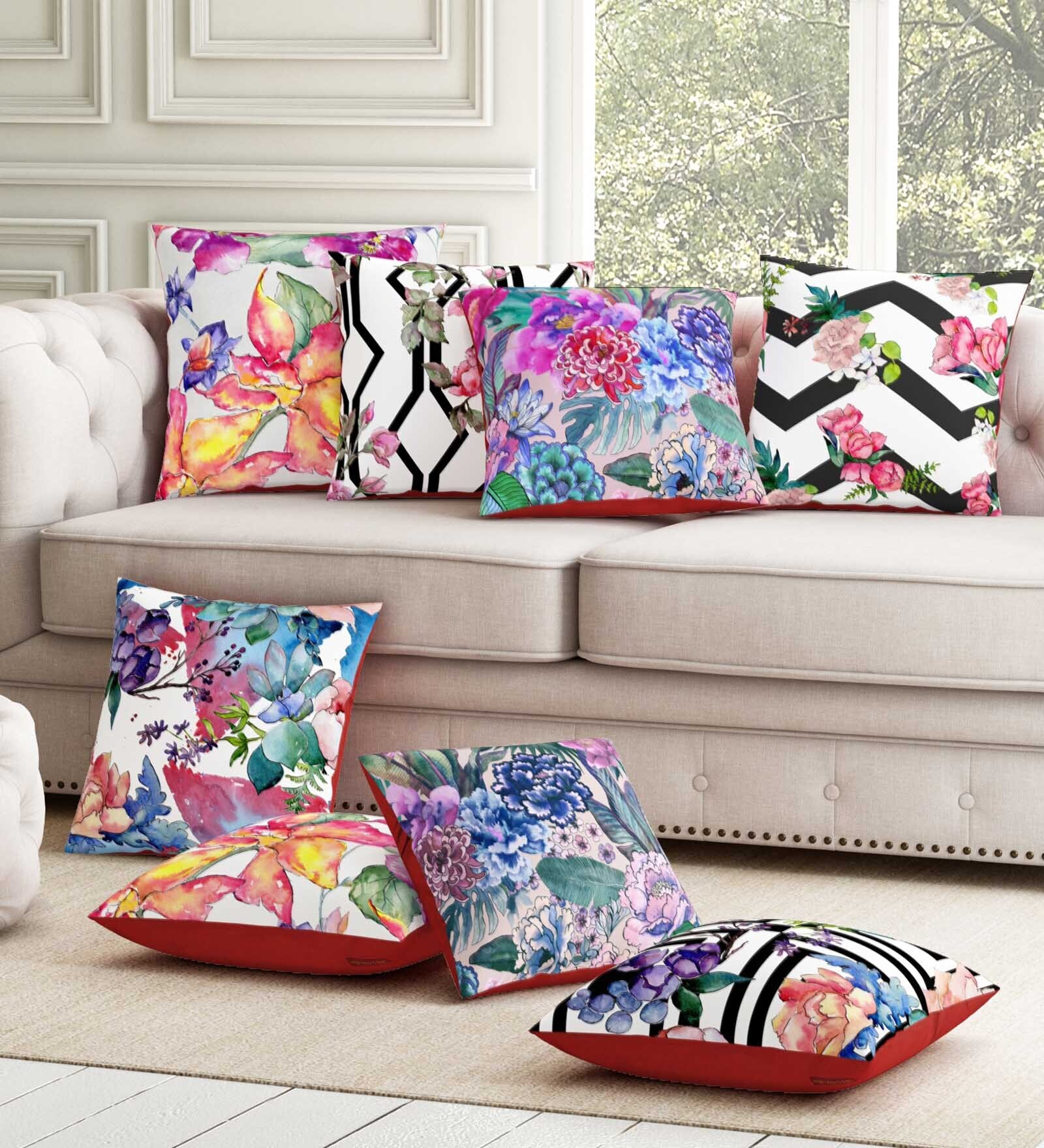 Buy White Floral Poly Cotton 12 x 12 Inches Cushion Covers (Set of 8 ...