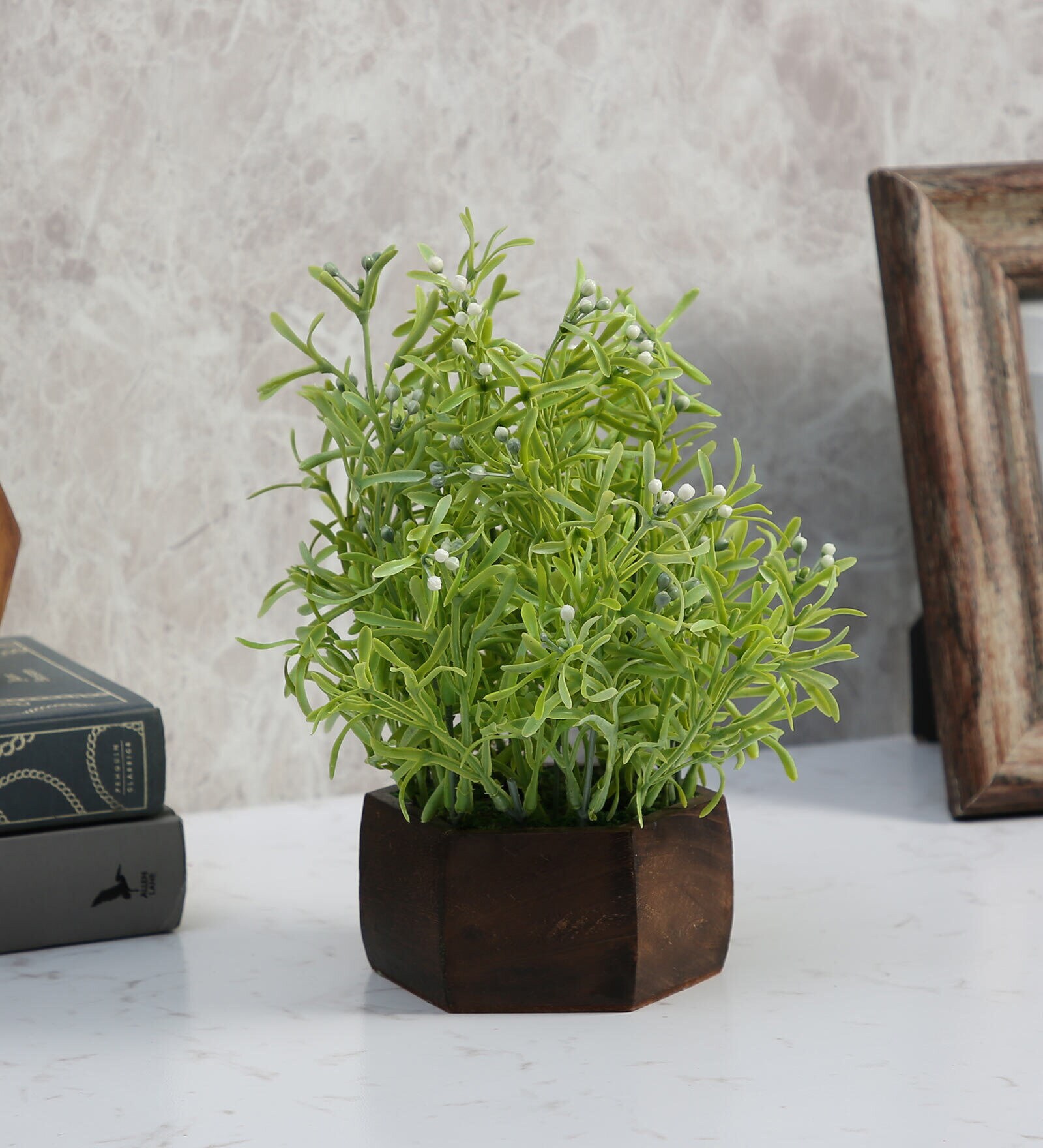 Buy White Polyester Button Leaves Artificial Plant With Wooden Pot at ...