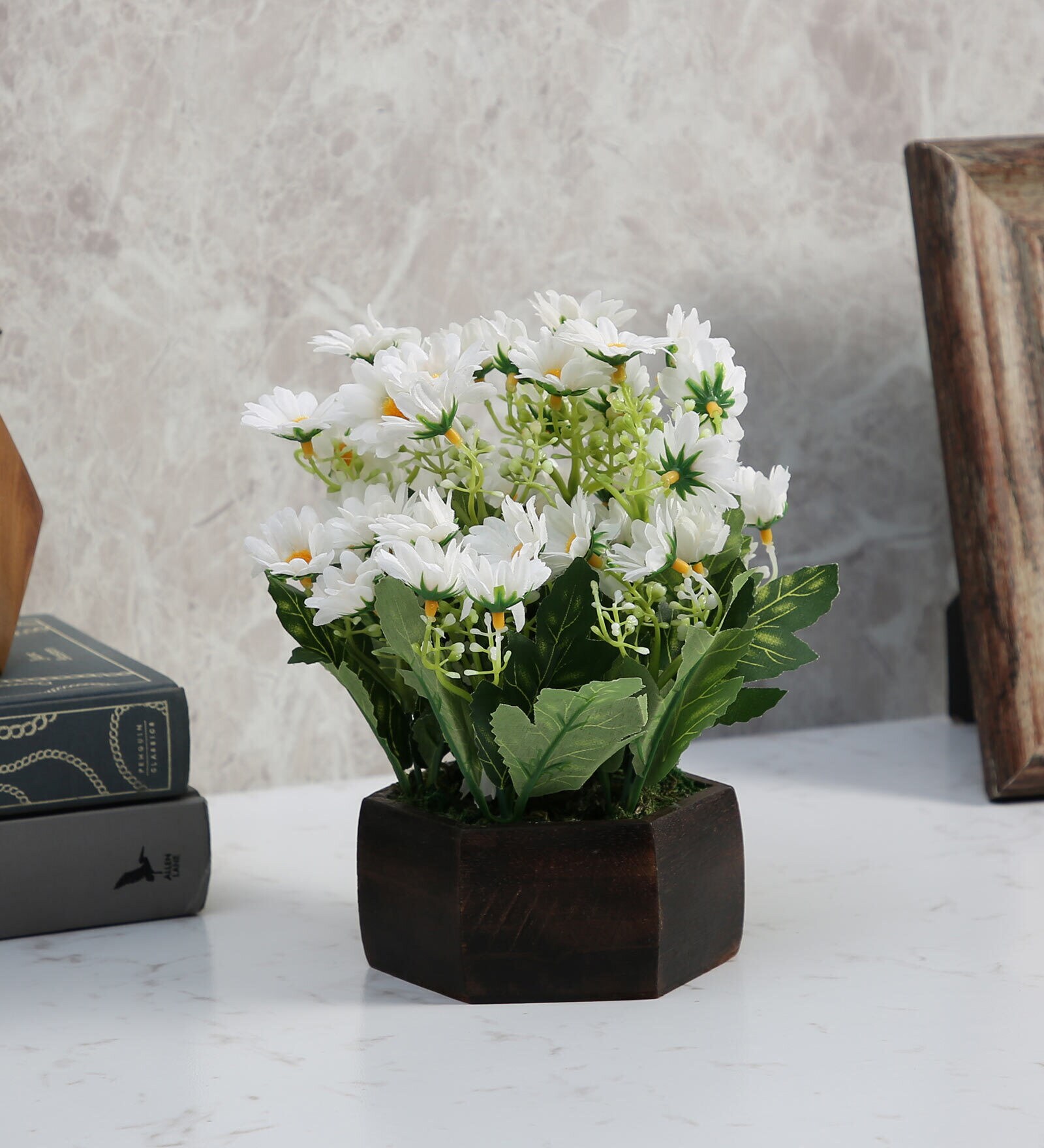 Buy White Polyester Daisy Flower Artificial Plant With Wooden Pot by ...