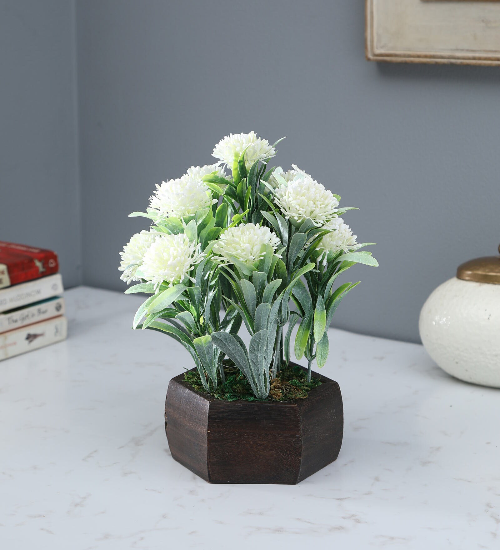 Buy White Polyester Merry Gold Flowering Artificial Plant With Wooden ...