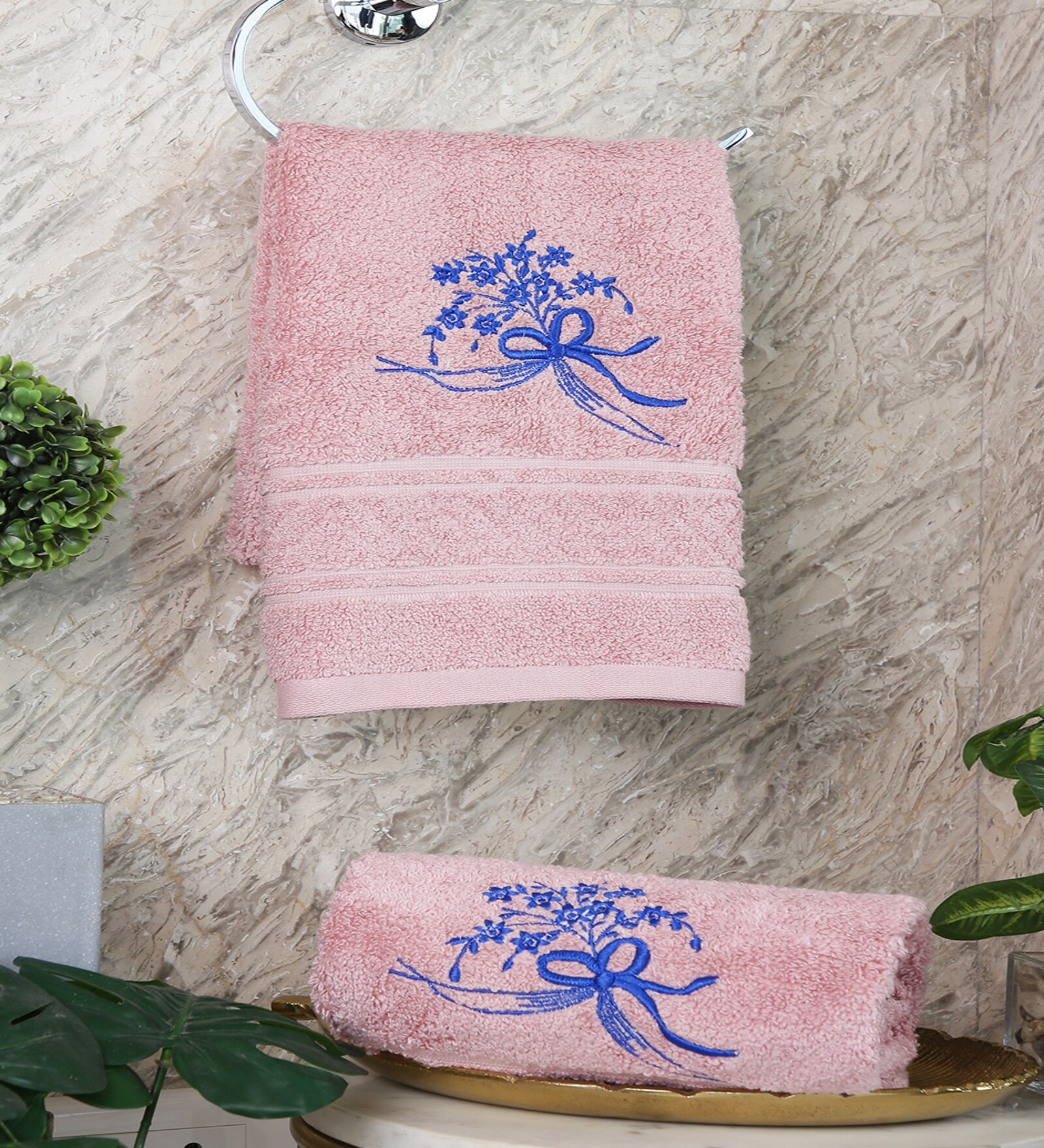 Buy Pink 100% Cotton Embroidered 450 GSM Hand Towels (Set of 2) by ...