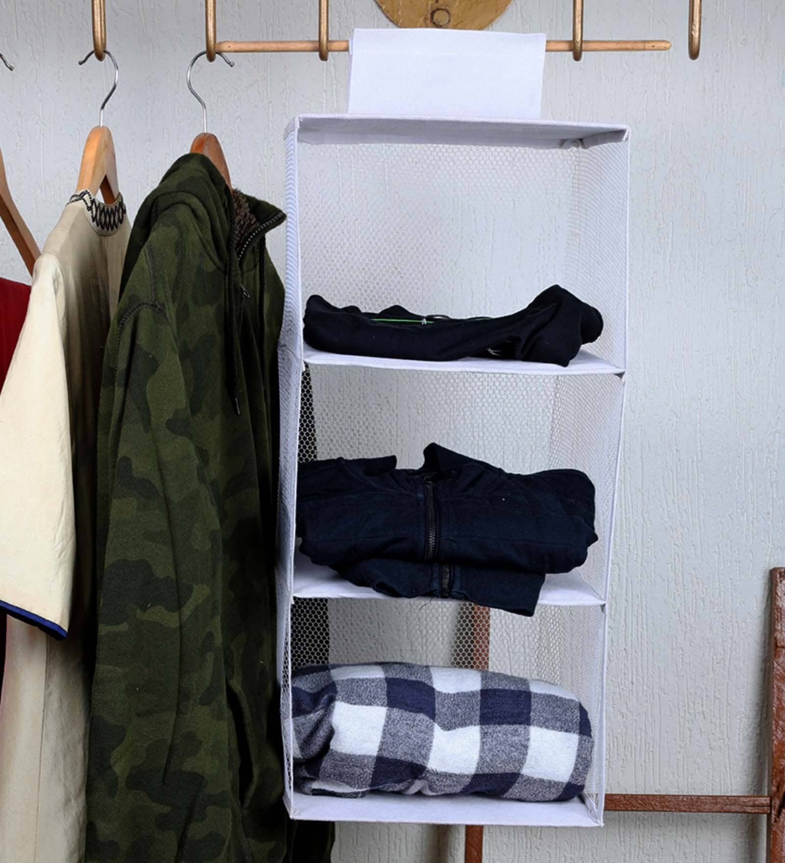 Buy White Solid Polypropylene Foldable Hanging Cloth Organiser With 3 ...