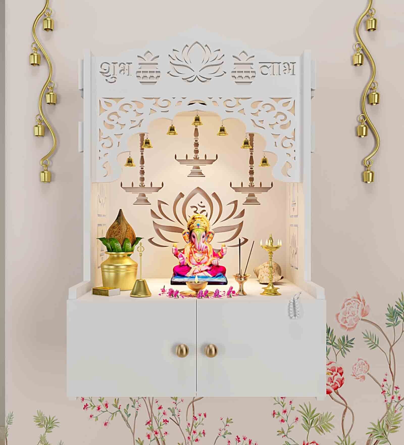 Buy White Engineered Wood Wall Mounted Mandir With Cabinet at 24% OFF ...