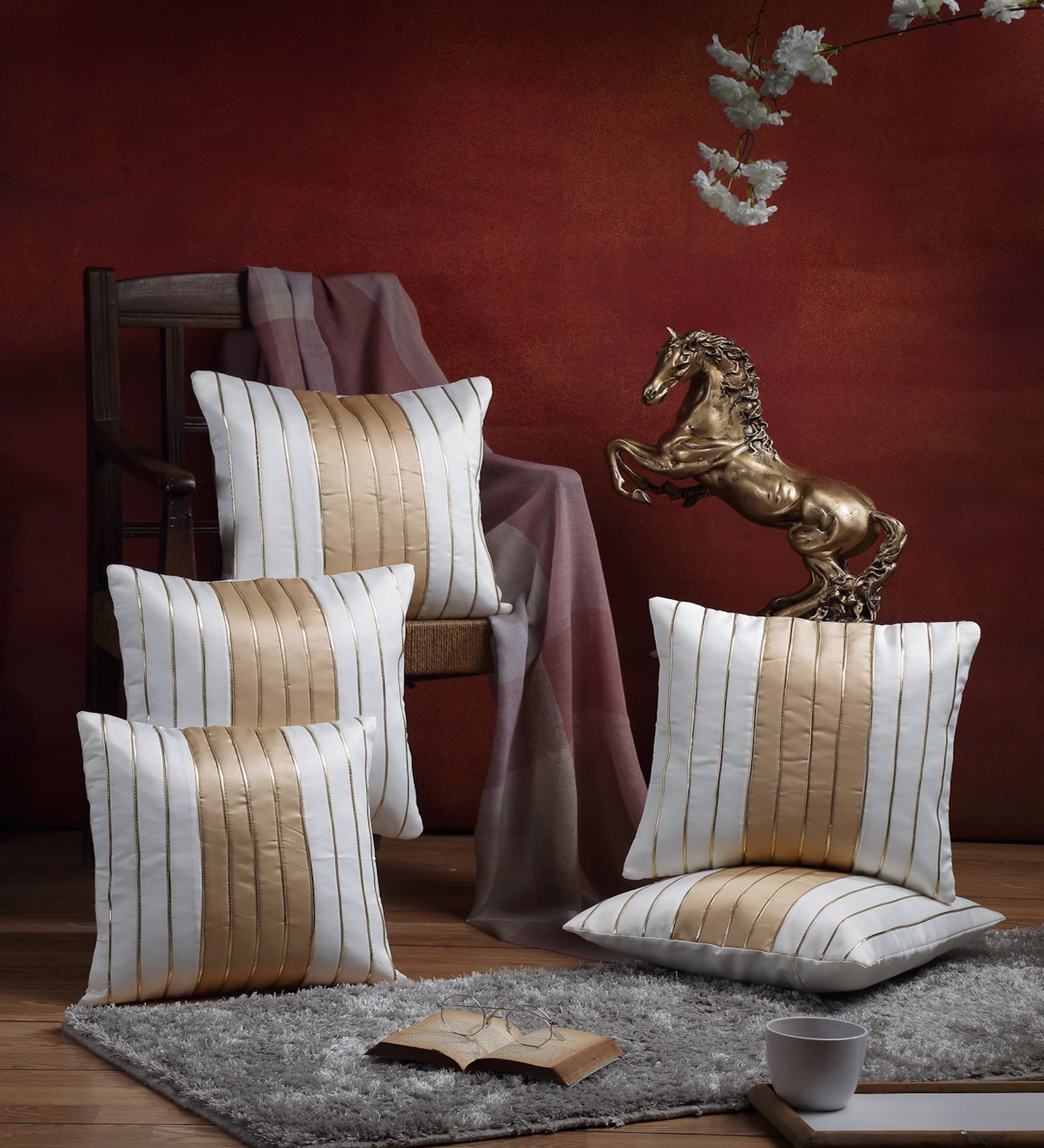 Buy White Strip Polyester Cushions & Pillows Cover (Set of 5) By Eric ...