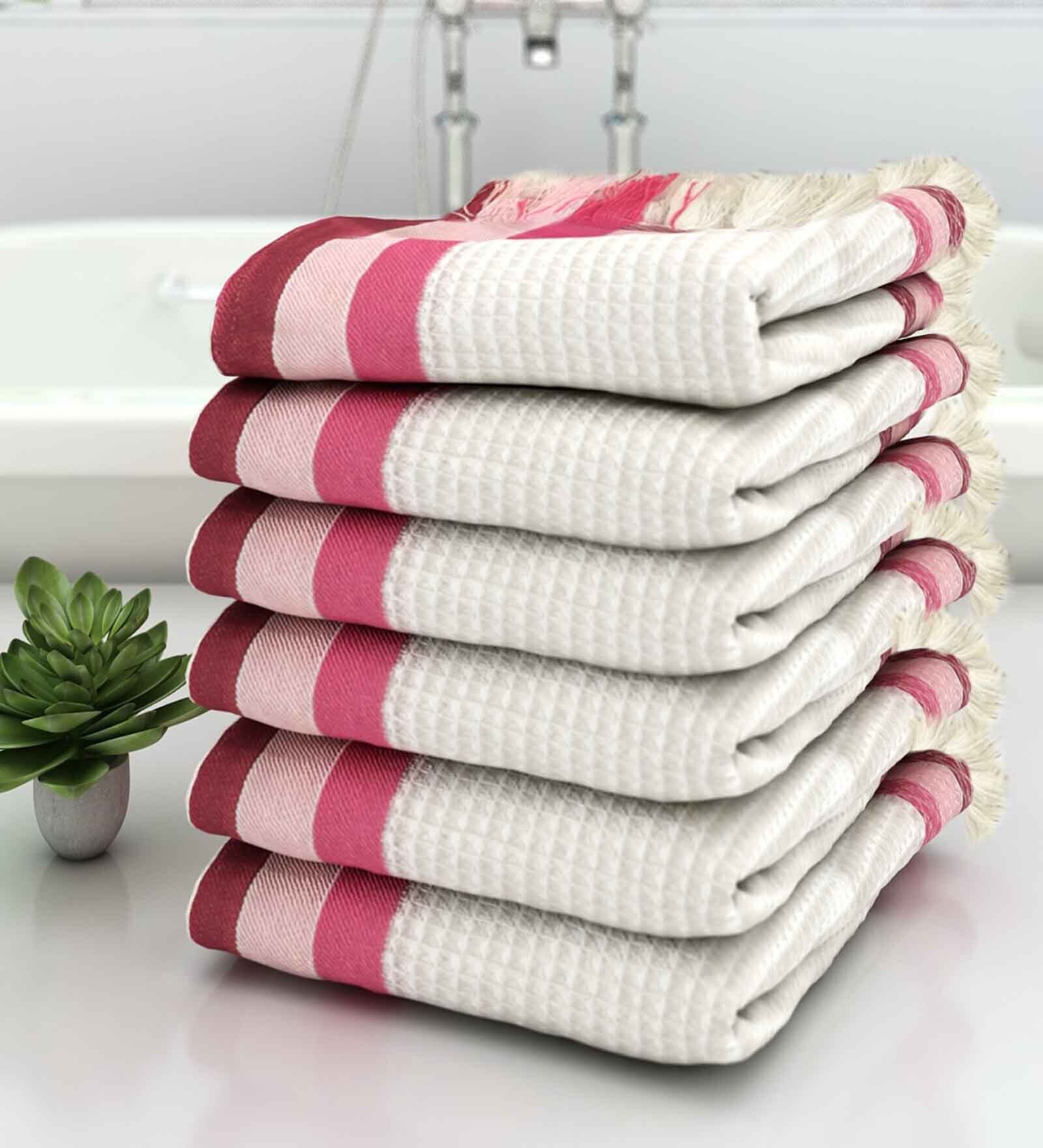 Buy White Patterned 210 GSM Cotton Bath Towels (Set of 6) by Athom ...