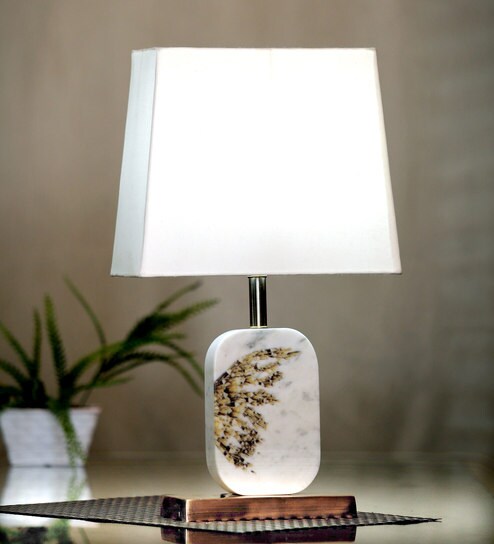 Buy White Fabric Shade Marble Table LED Lamp With Antique Copper Base ...