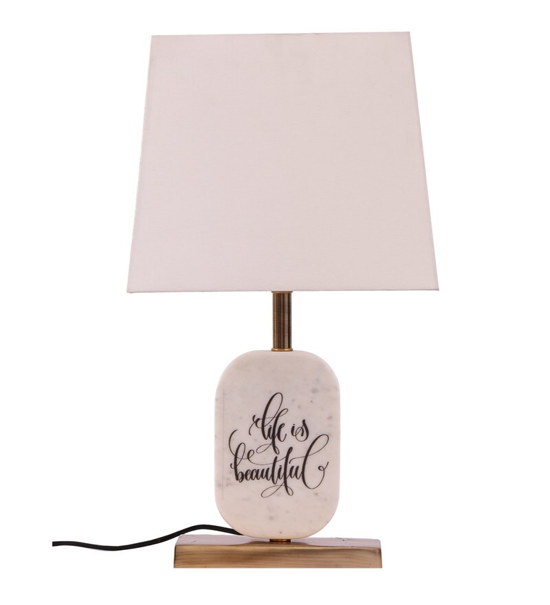 Buy White Fabric Shade Marble Table LED Lamp With Antique Brass Base By ...