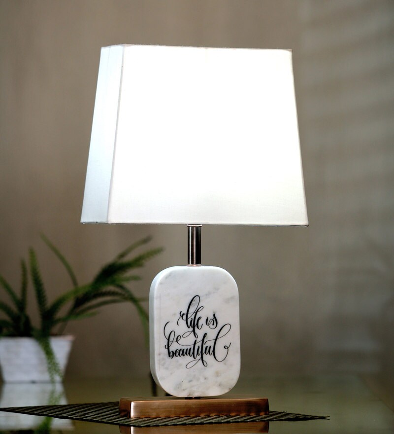 Buy White Fabric Shade Marble Table LED Lamp With Antique Brass Base By ...