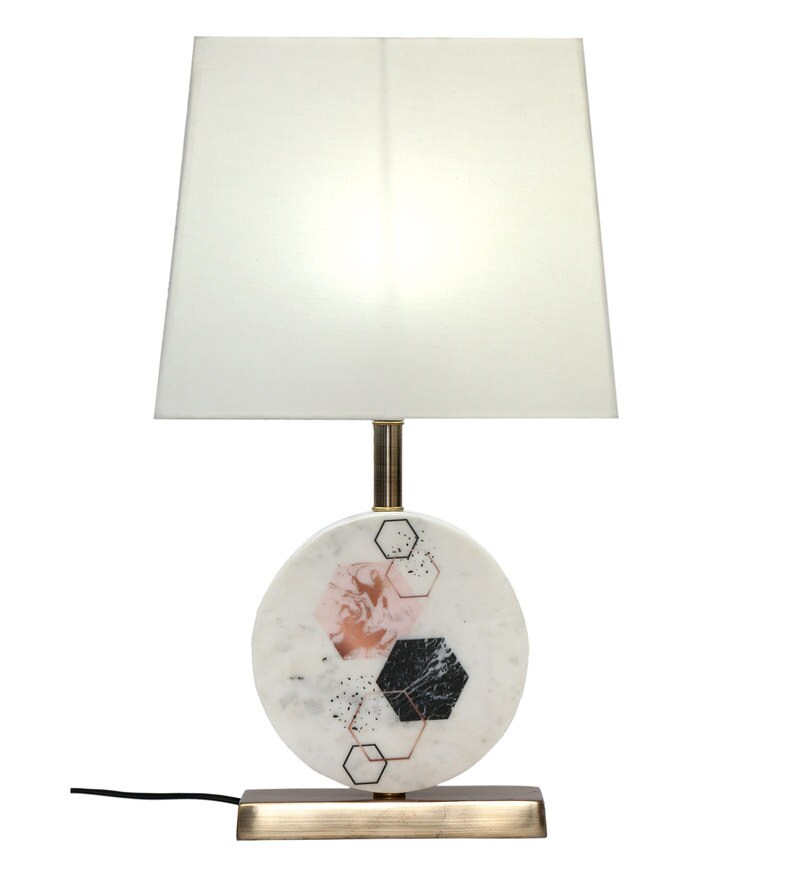 Buy White Fabric Shade Marble Table LED Lamp With Antique Brass Base By ...