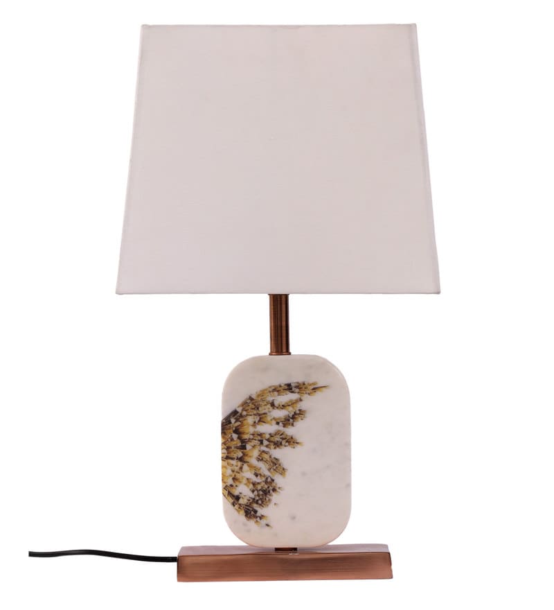 Buy White Fabric Shade Marble Table LED Lamp With Antique Copper Base ...