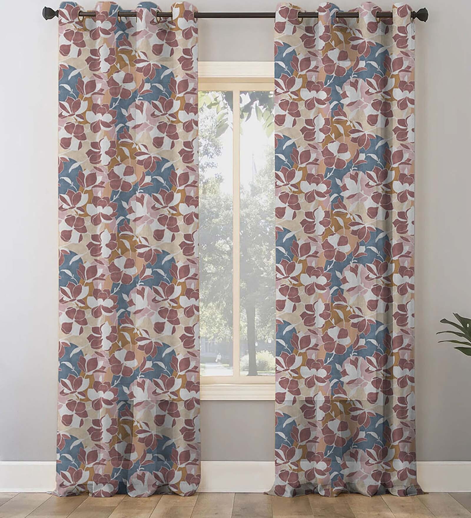 Buy Wine Polyester Floral 9Ft Sheer Eyelet Long Door Curtains (Pack of ...